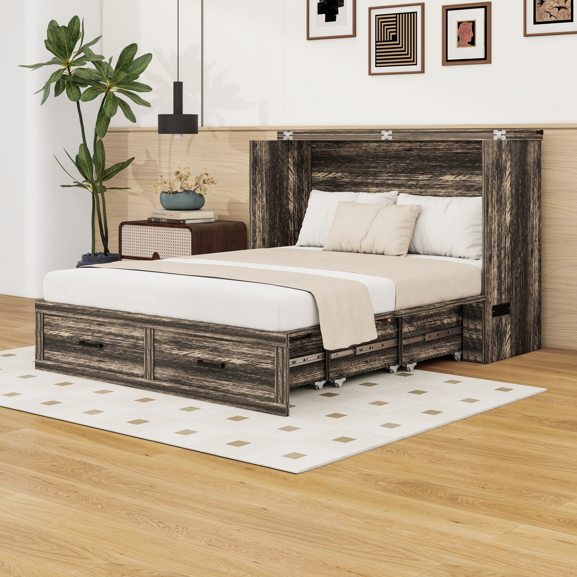 Millwood Pines 1 Drawer Wood Murphy Bed with Built-in Charging Station ...
