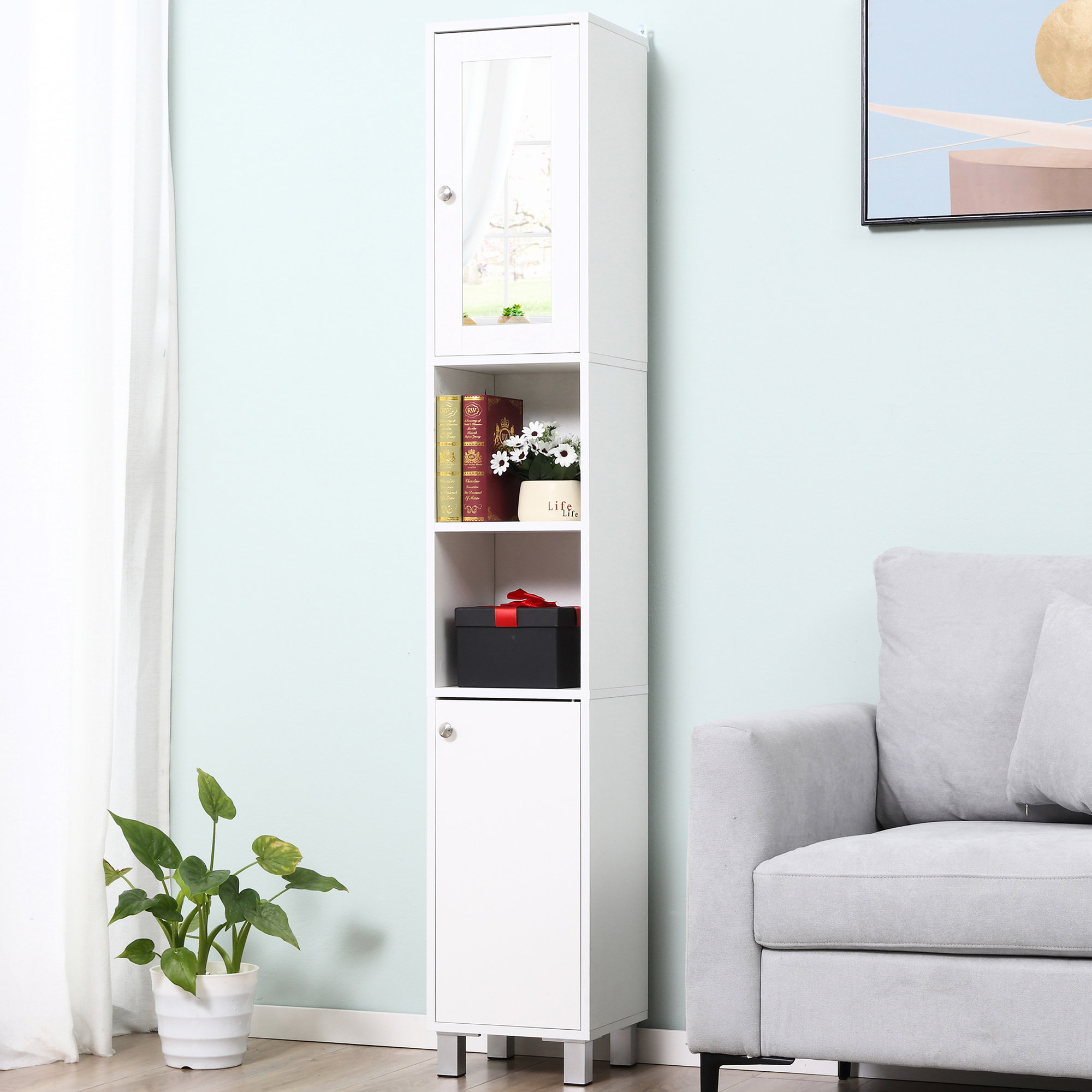 Latitude Run® Tall Bathroom Mirror Cabinet - White Wooden Freestanding ...