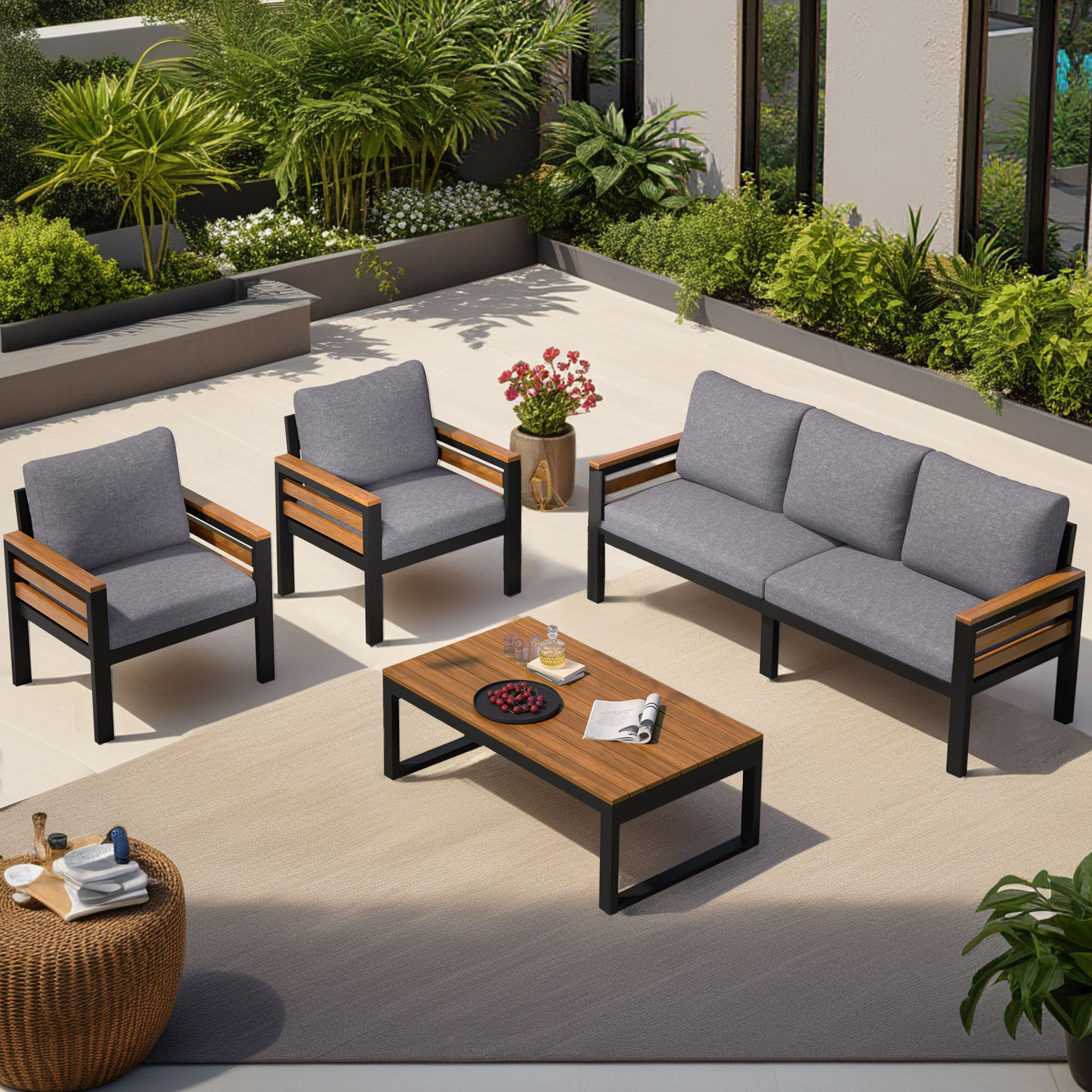 Latitude Run® Outdoor 5 - Person Patio Seating Group with Acacia Wood ...