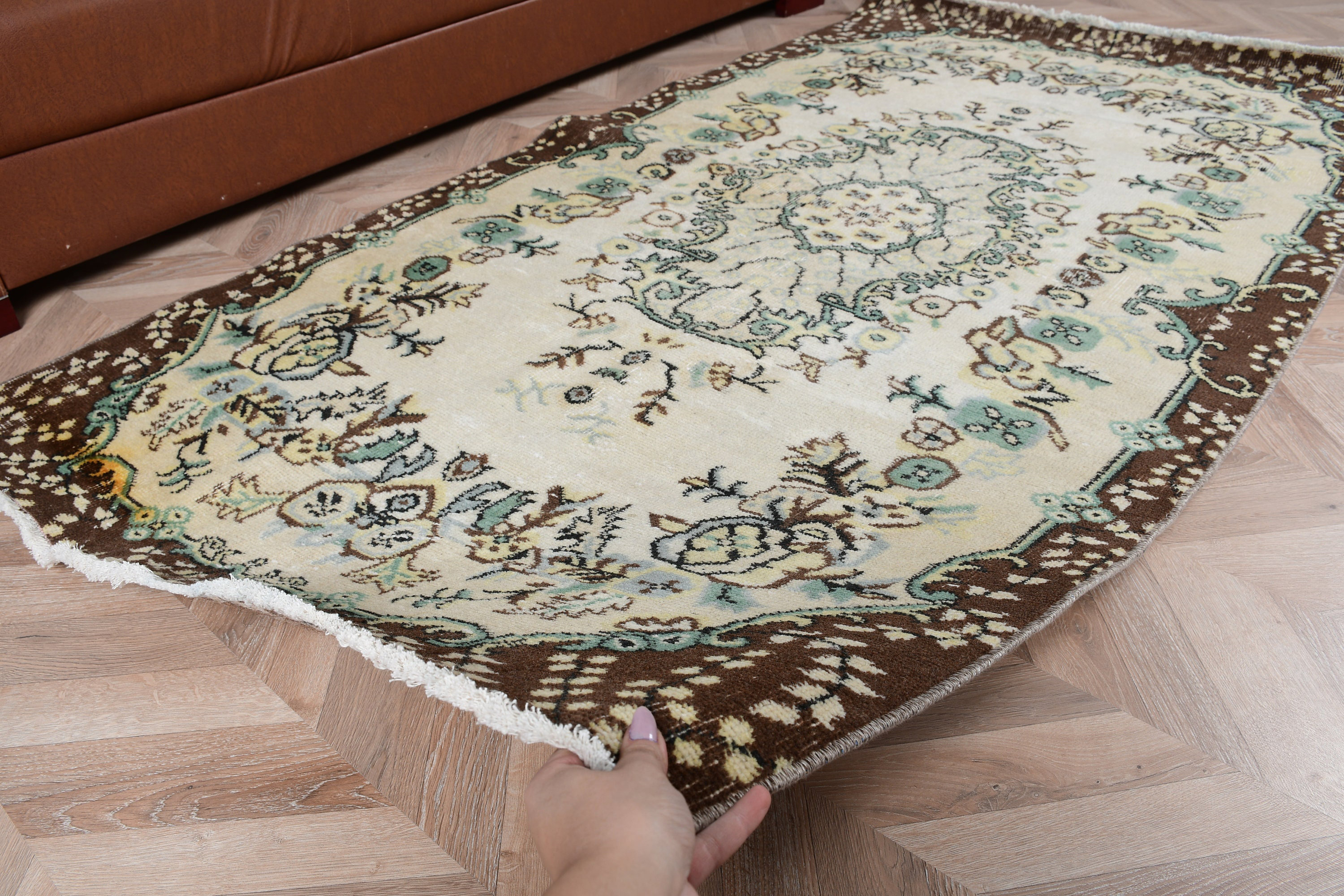 Astoria Grand Antique Green Turkish Rug with Floral Oushak Design for ...