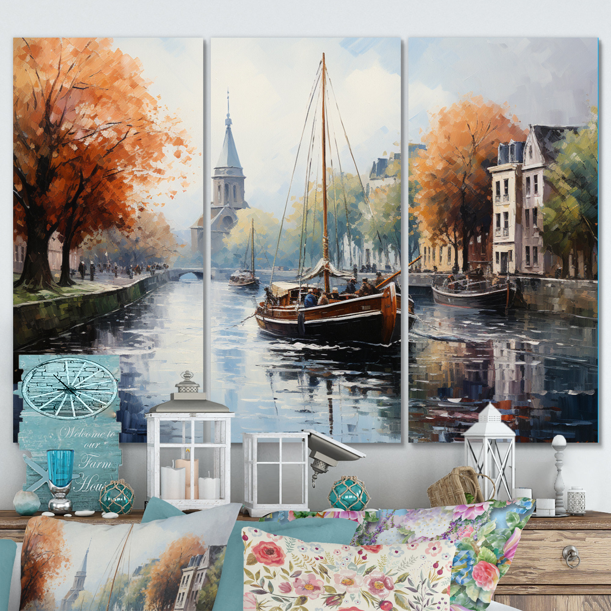 Design Art Orange Canal Waterways Pointillism I - Canals Metal Wall ...