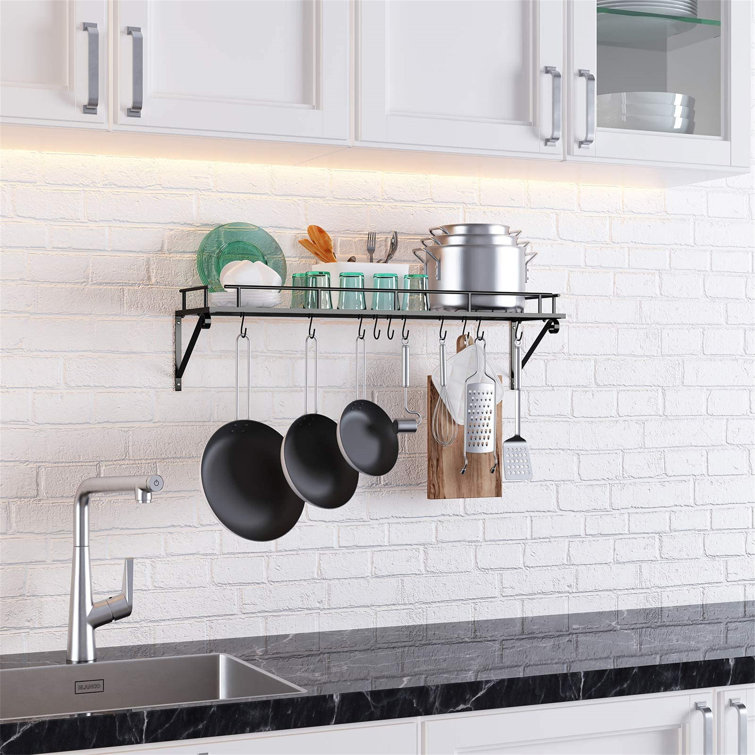 Belfry Kitchen Black Metal 90Cm Kitchen Cooking Pot Rack Wall Mounted ...