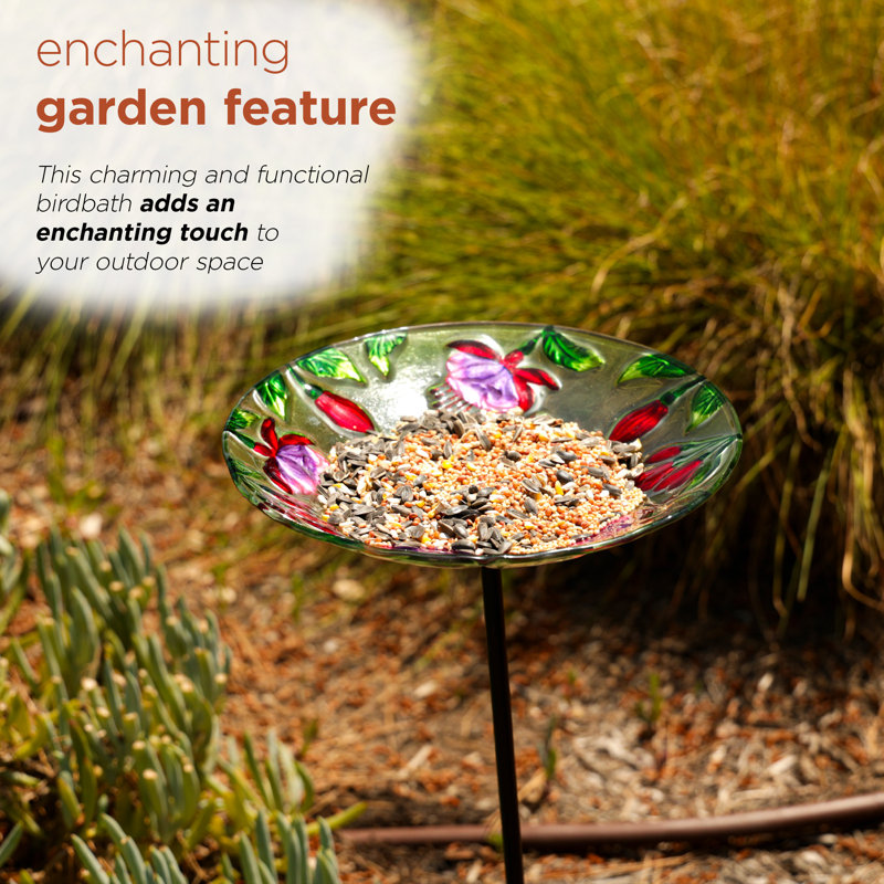 Alpine Glass Stake Bird Bath with Flowers and Hummingbird | Wayfair