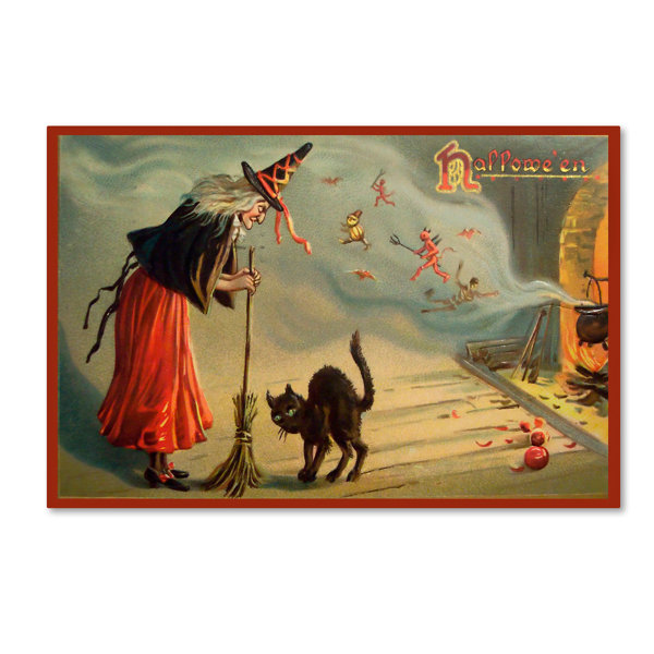 Trademark Art Halloween Witch And Cat On Canvas by Vintage Apple Print ...