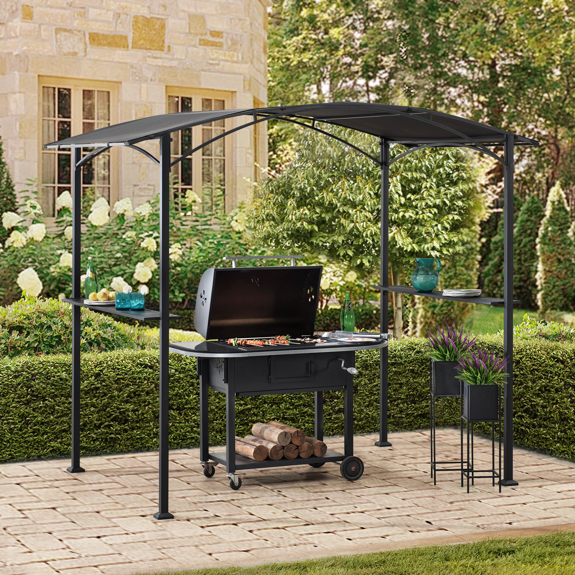 Sunjoy Grill 5 ft. x 8 ft. Black Steel Frame Soft Top with Arch Canopy ...