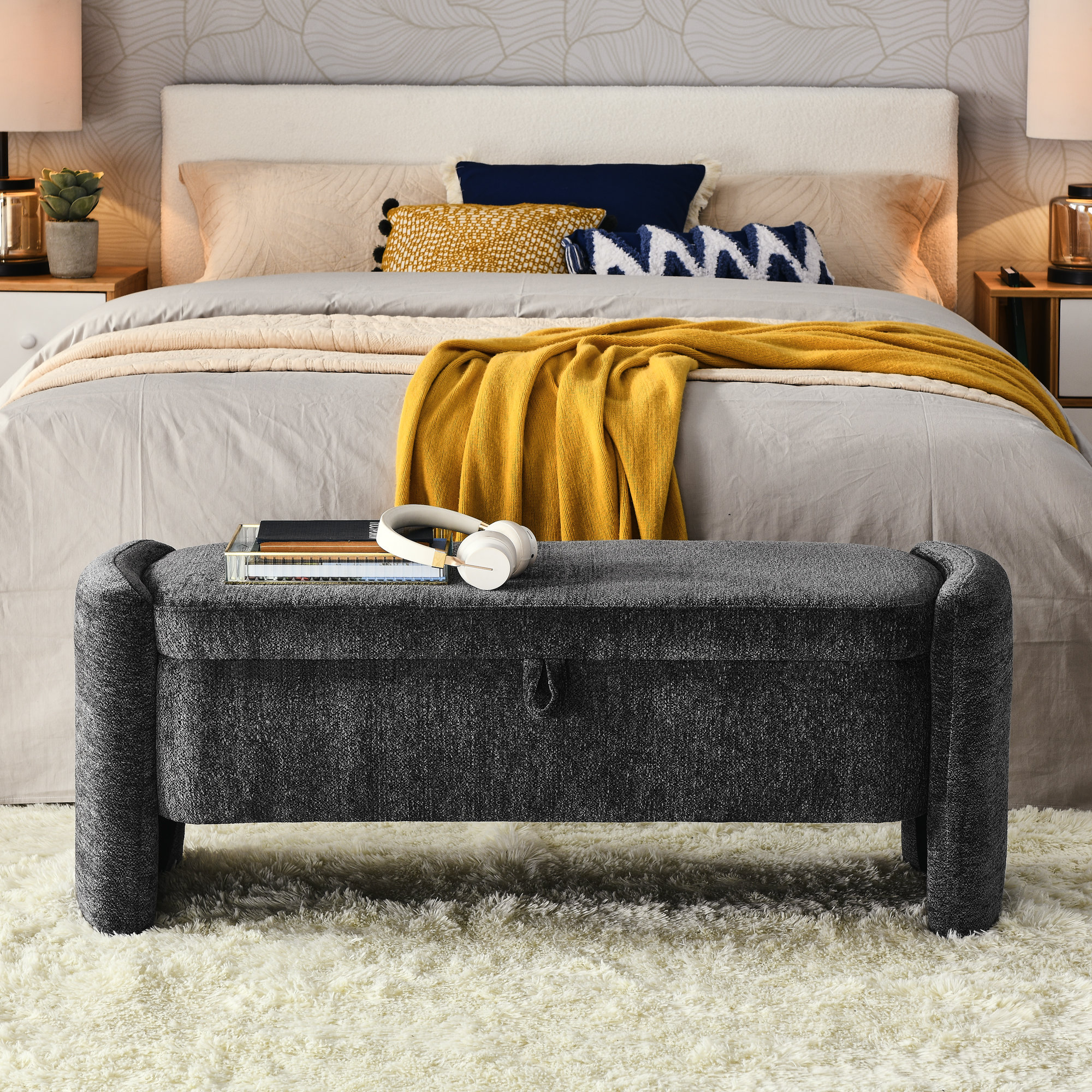 Orren Ellis Oval Ottoman Storage Bench Chenille Fabric Bench with Large ...