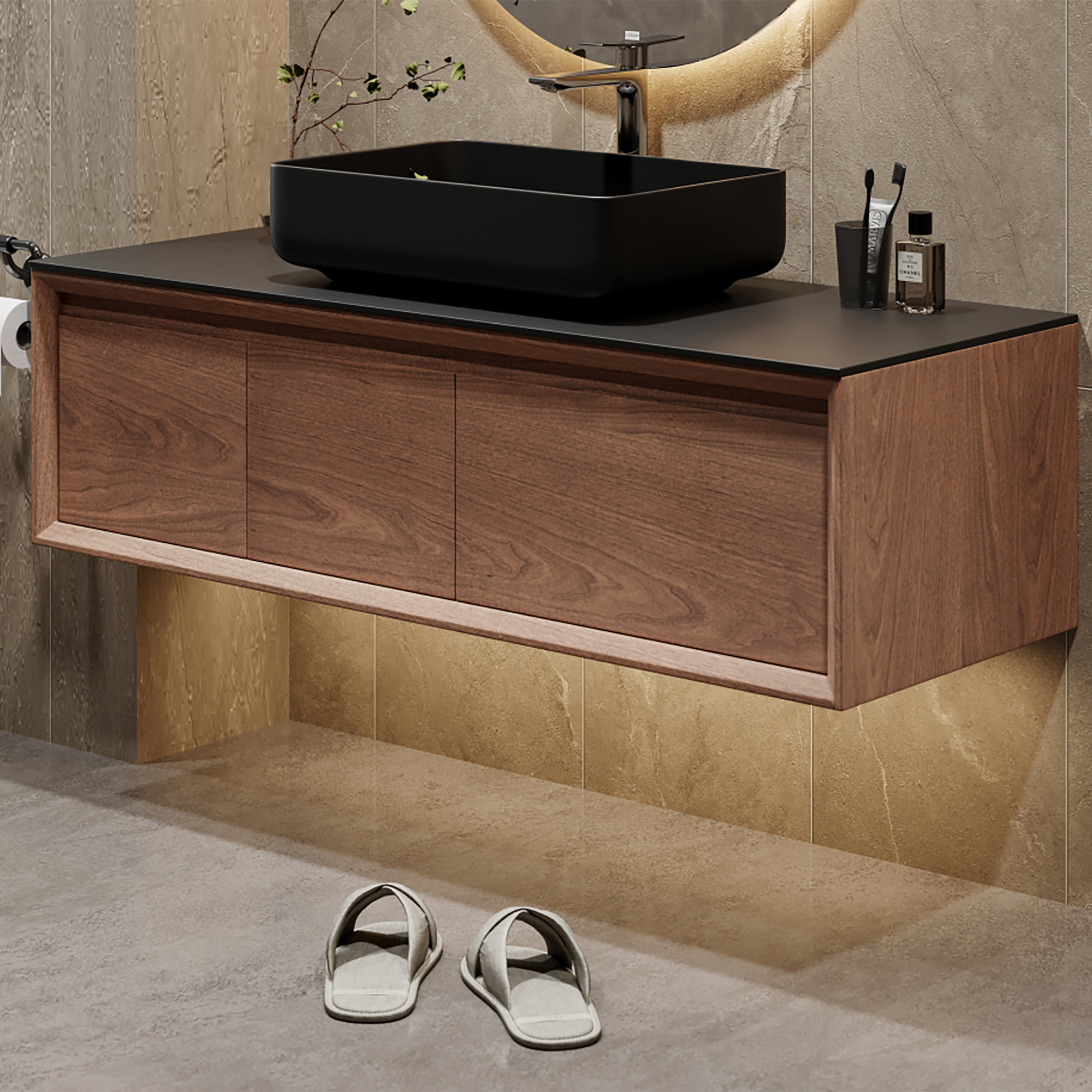 Winston Porter Black faux marble solid walnut wood grain cabinet ...