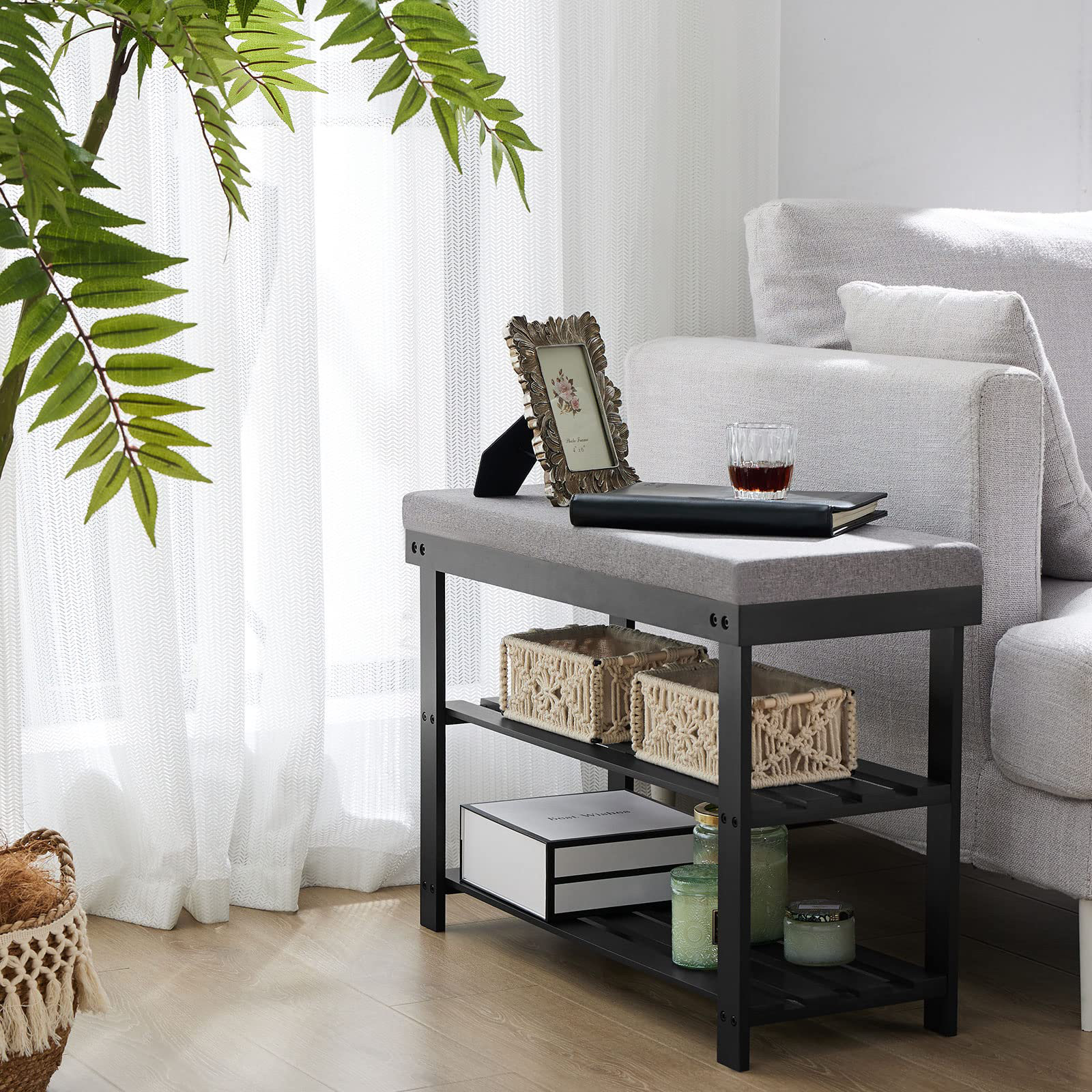 Latitude Run® Comfortable Bamboo Shoe Bench With Soft Cushion, Storage ...