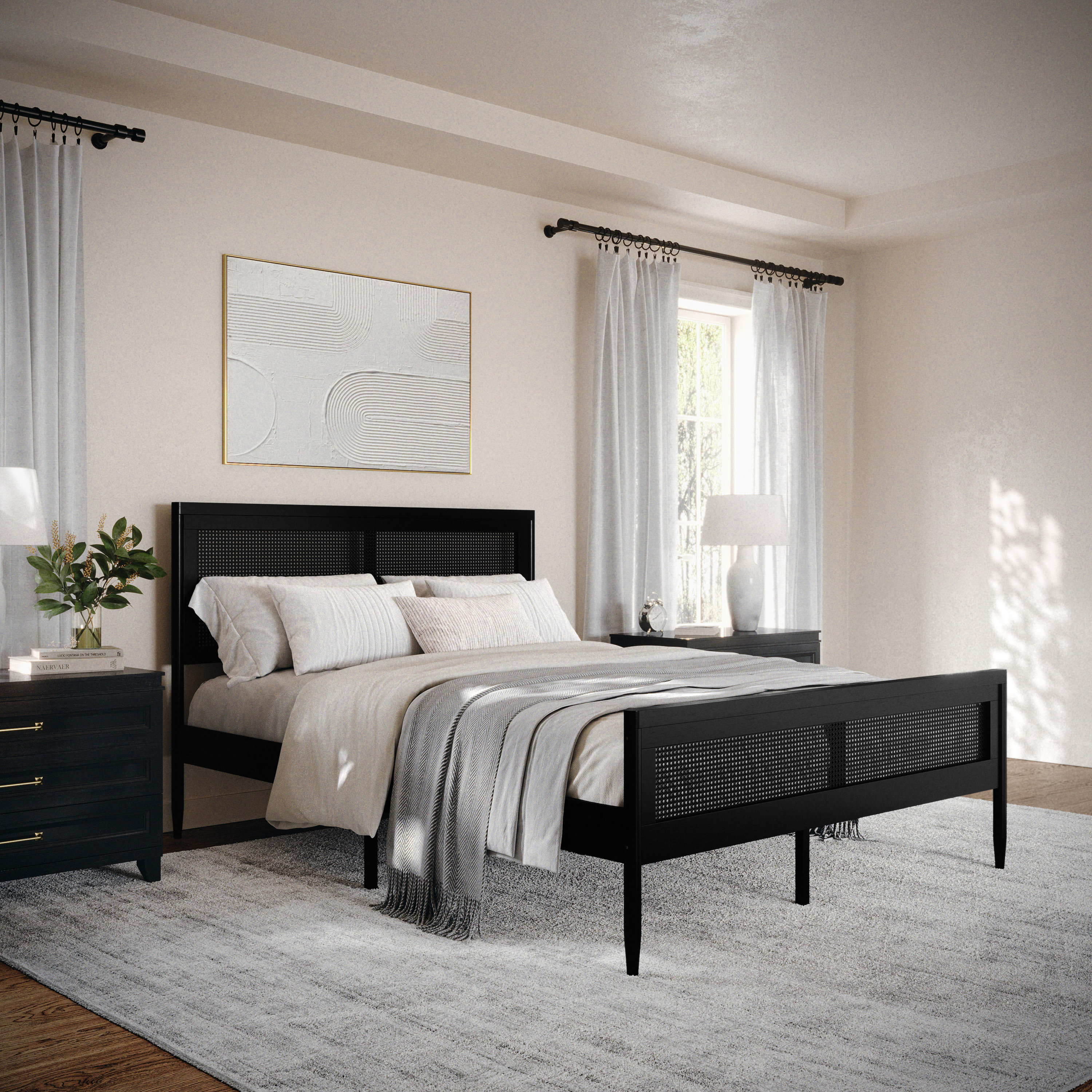 Martha Stewart Jax Wooden Platform Bed With Rattan Inset Headboard And ...