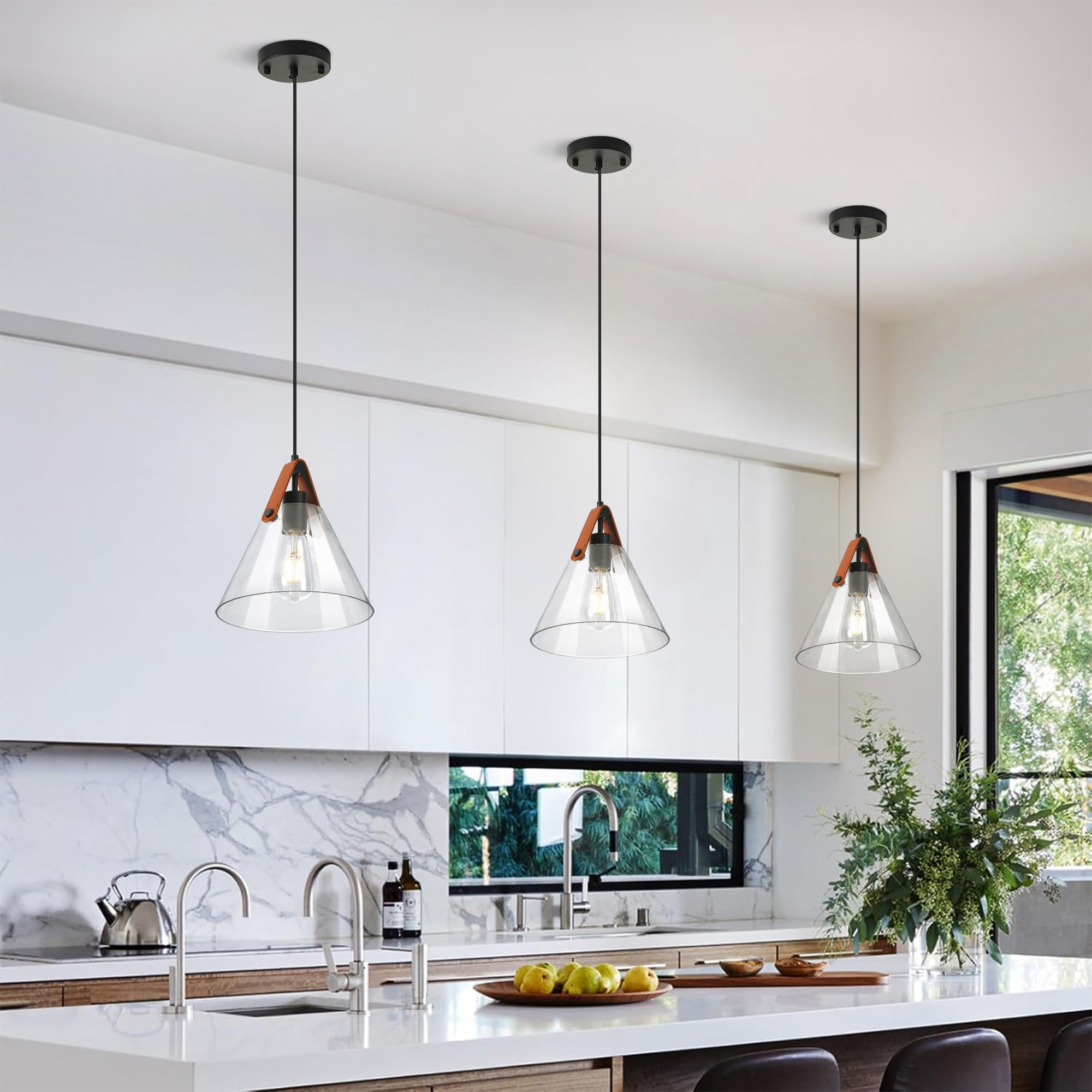 Ebern Designs 1-Light Leather Strap Pendant Lighting Over Island ...