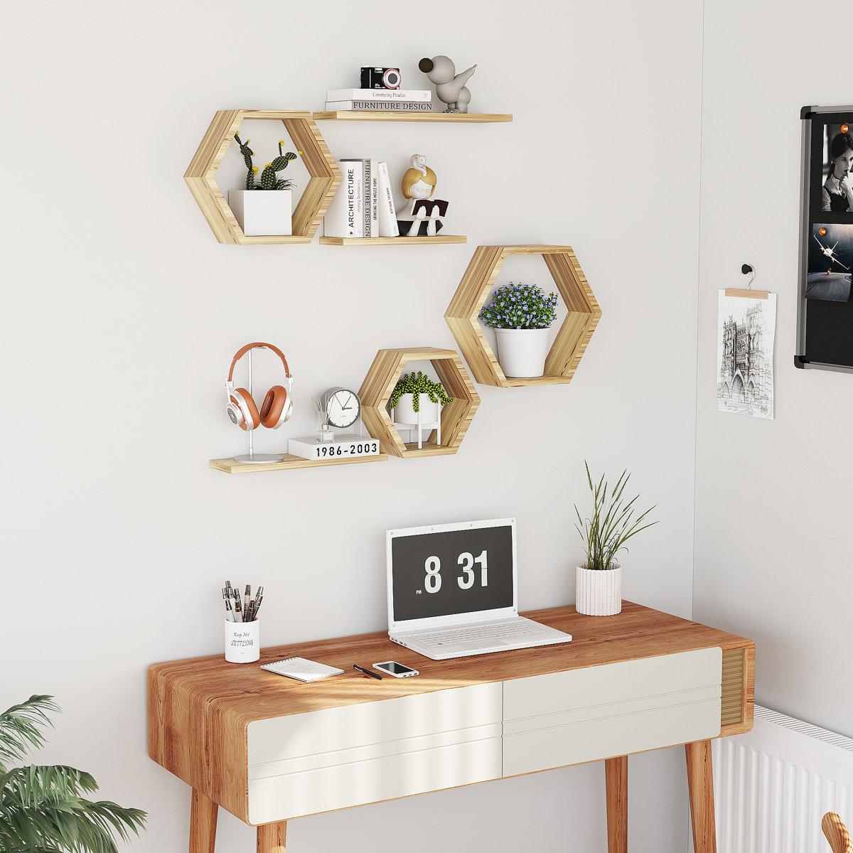 Latitude Run® Wooden Hexagon Floating Shelves Wall Mounted, Set Of 6 ...