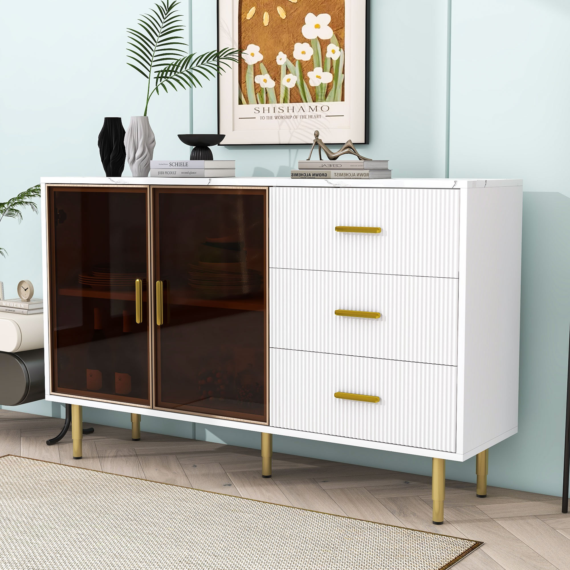 Mercer41 Luxury Sideboard with Marble-Like Top, Buffet Cabinet with ...