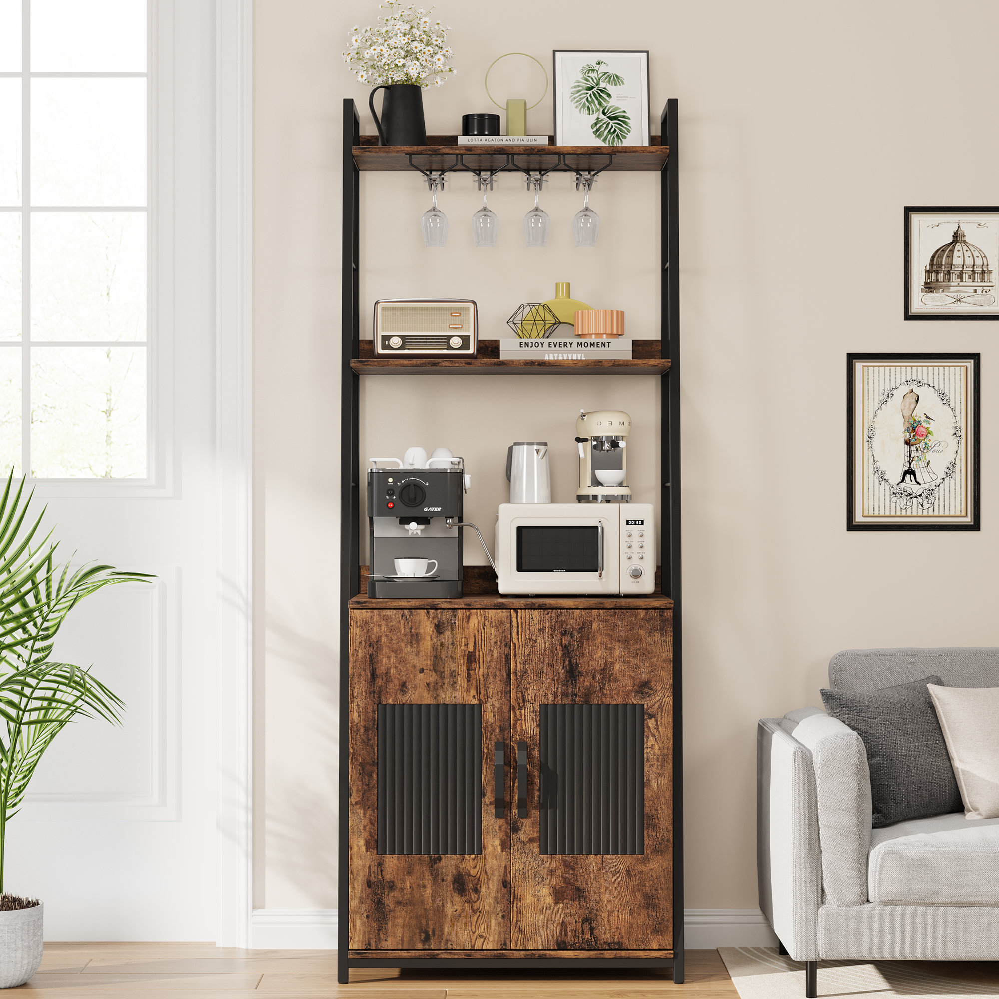 17 Stories Baker's Rack With Cabinet Tall Microwave Stand With Storage ...