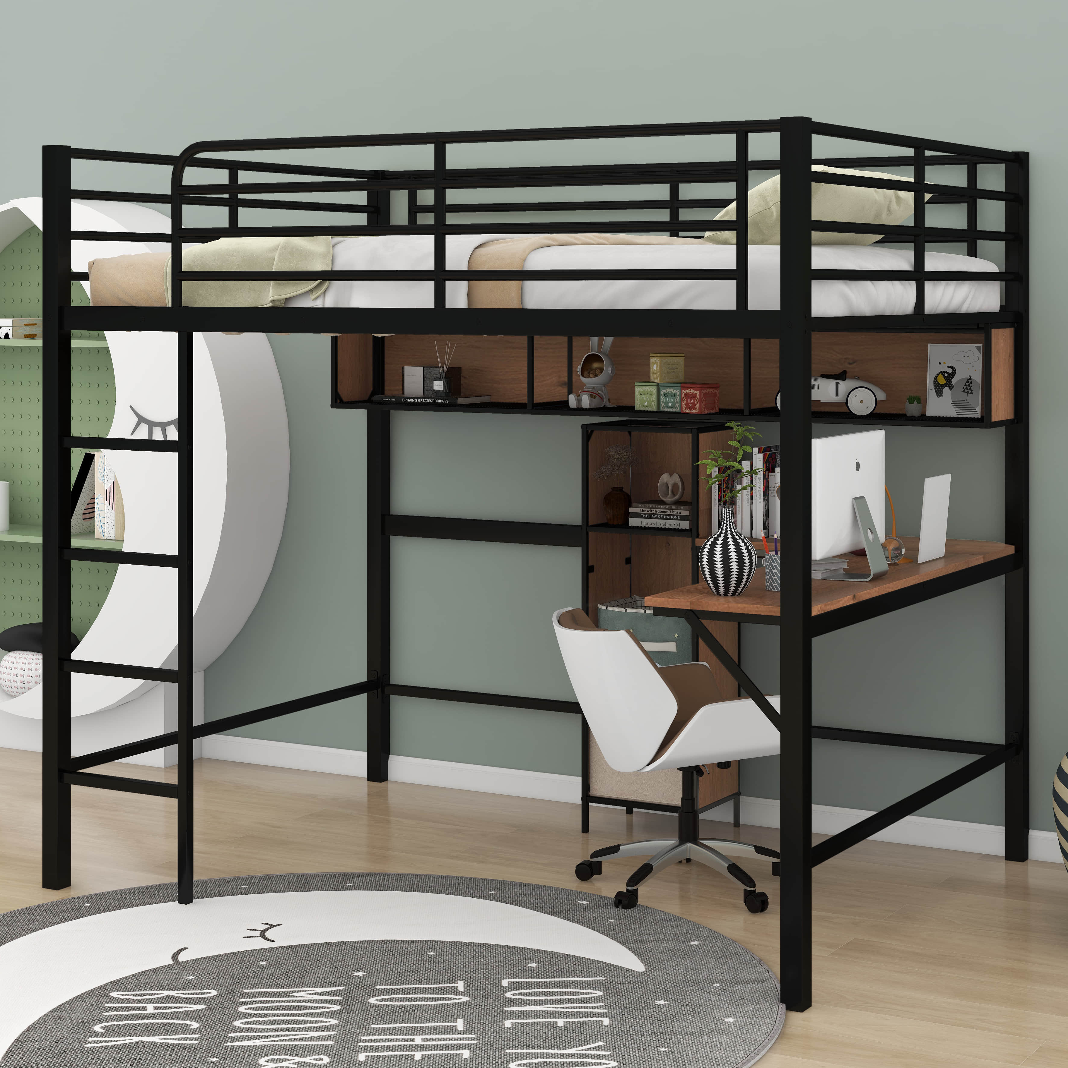 Mason & Marbles Leeming Full Size Metal & Wood Loft Bed with L -shaped ...