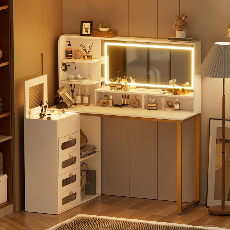 Mercer41 Vanity Desk With Mirror And Lights, Corner Makeup Vanity L ...