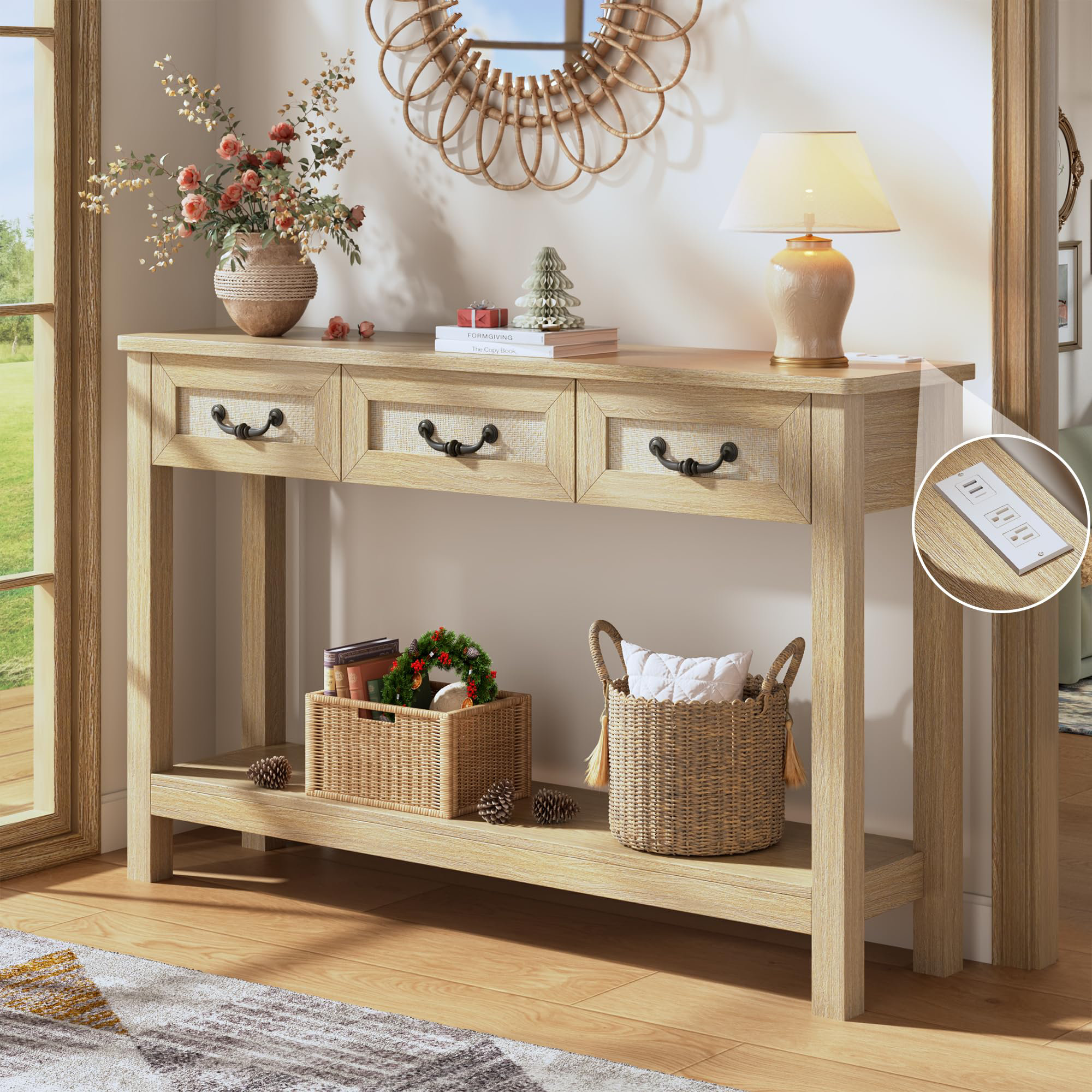 17 Stories 47.2" Console Table With 3 Rattan Drawers | Wayfair