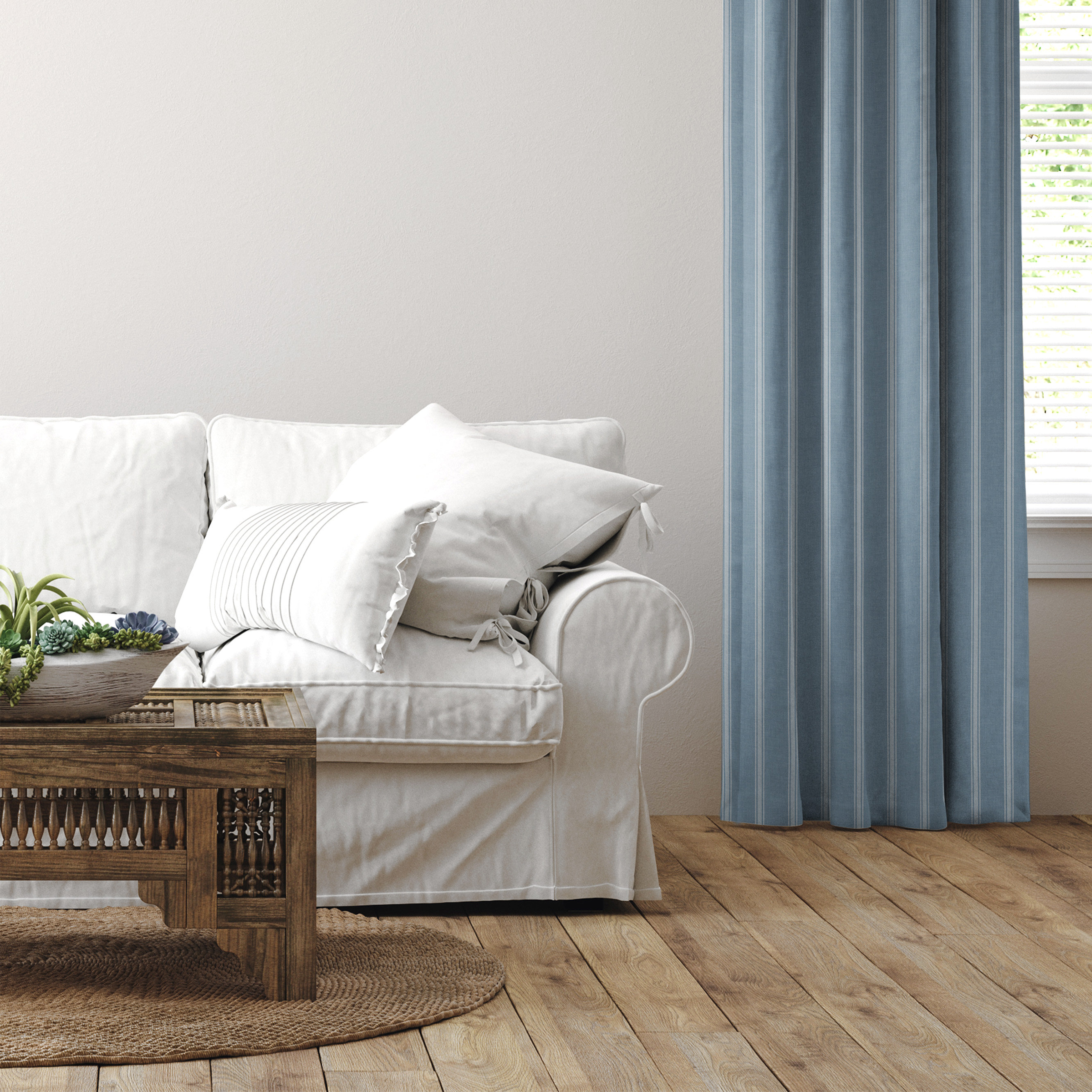 6ix Tailors Fine Linens Shay Broad Ticking Stripe Cornflower Cotton Rod ...