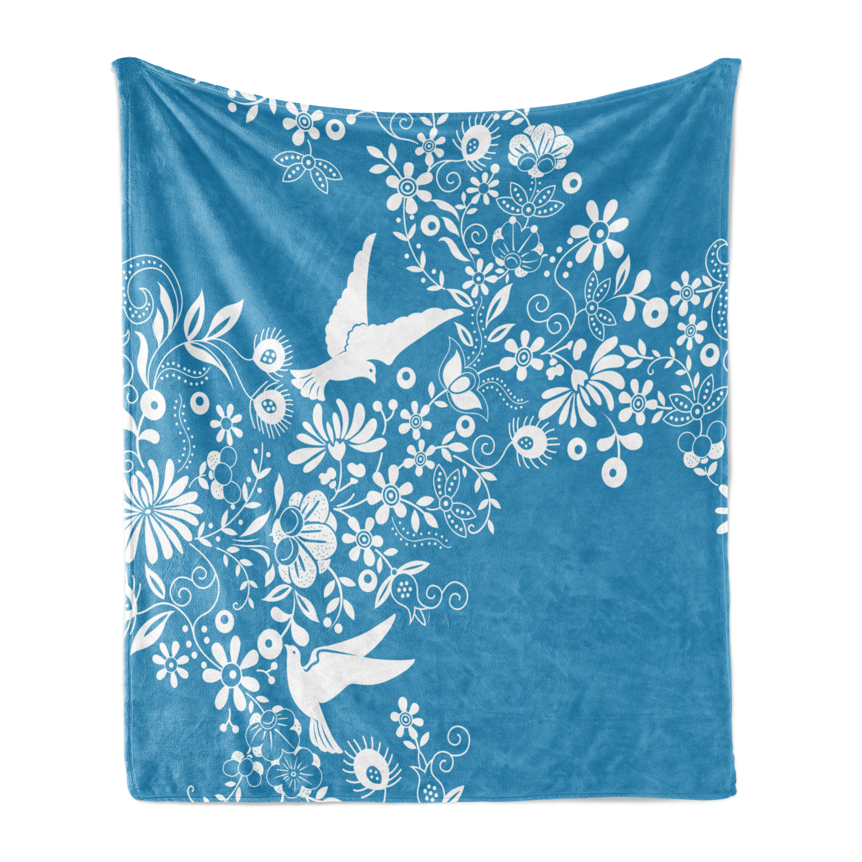 Ambesonne Blue Fleece Throw Blanket Flowers Flying Doves Blue White ...