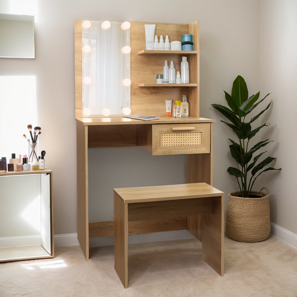 Bay Isle Home™ Makeup Vanity Desk Set with Stool, LED Lighting,Mirror ...