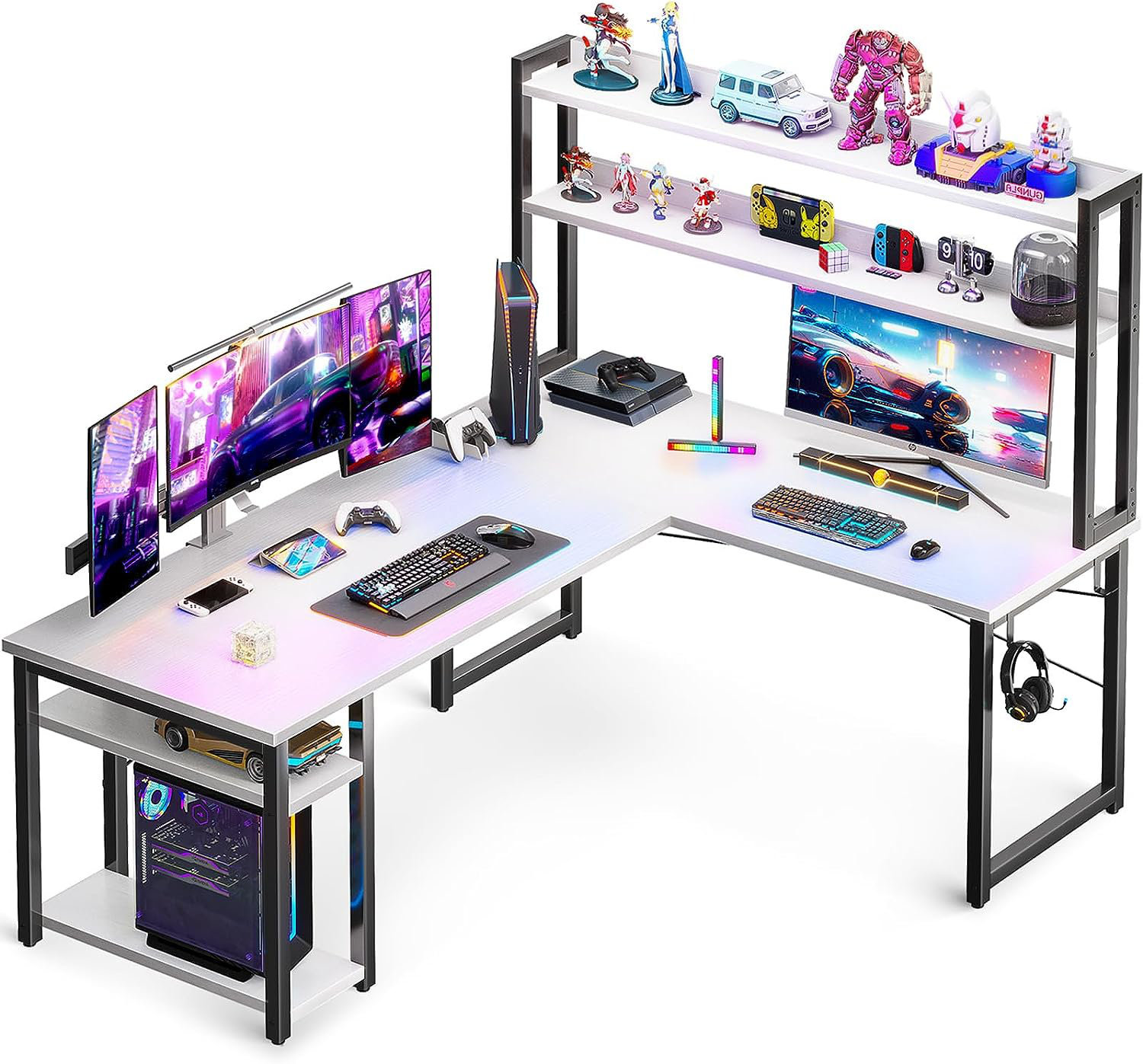 Inbox Zero L Shaped Gaming Desk With Hutch, Computer Desk With Storage ...