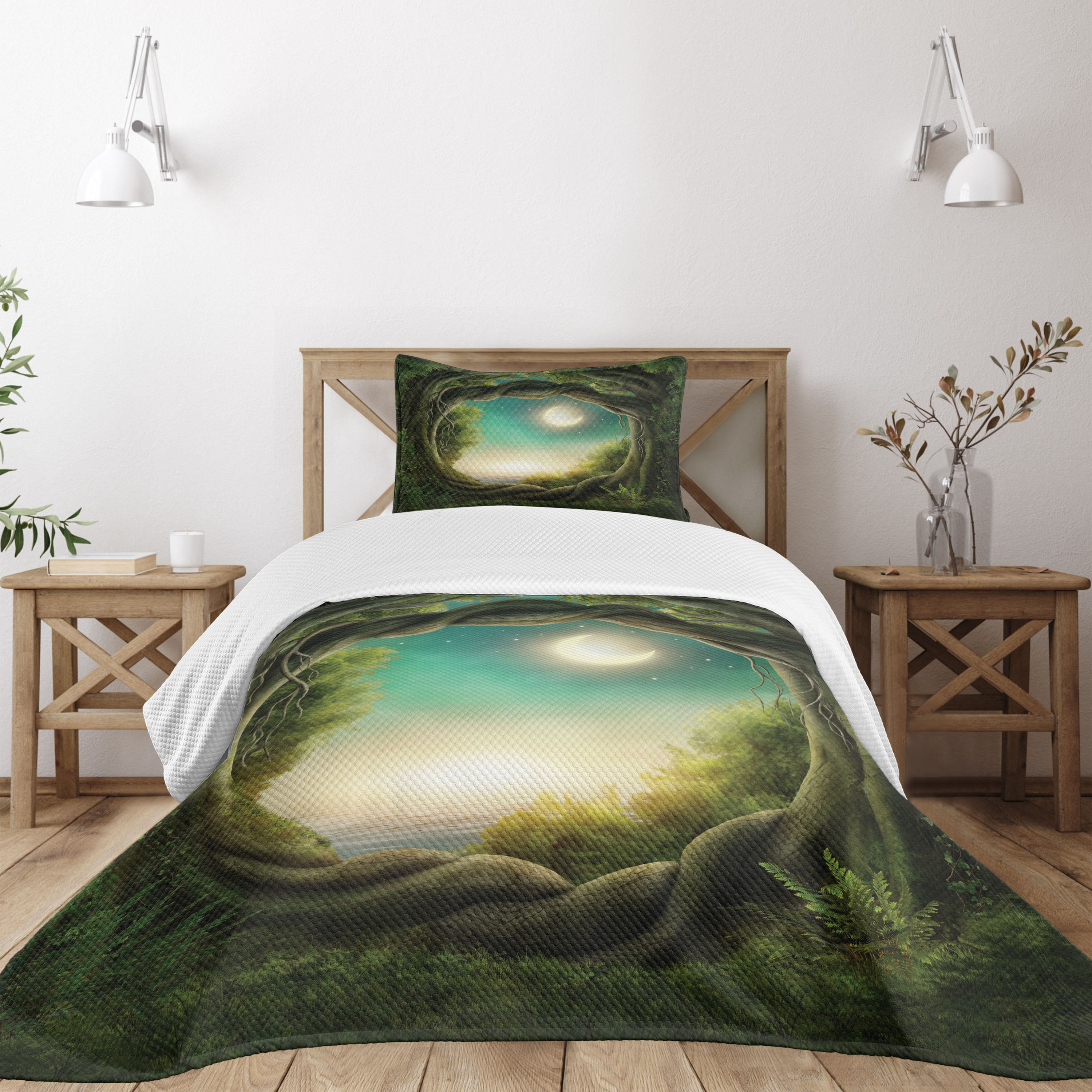 Ambesonne Forest Bedspread Set Tree Cream Green Teal | Wayfair