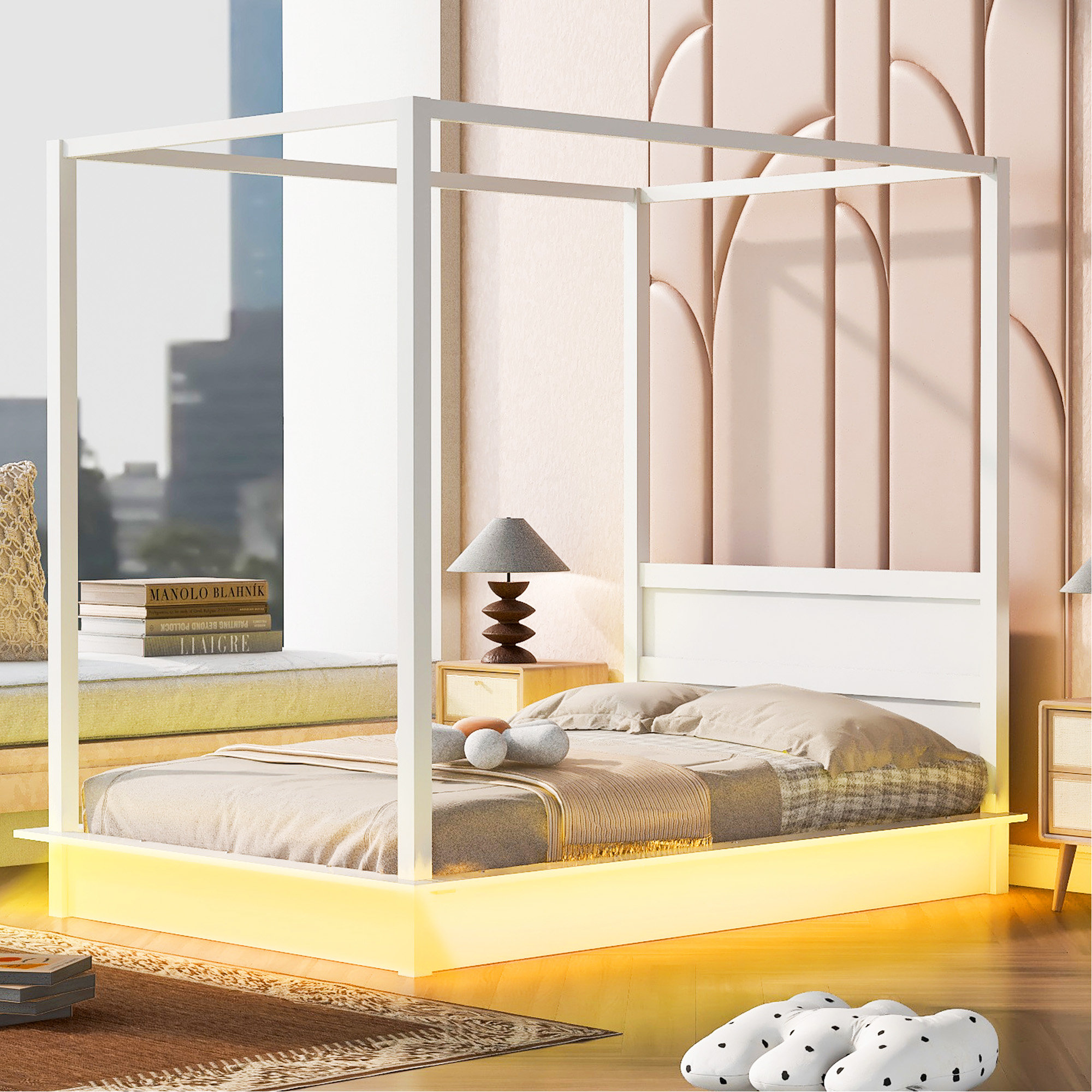 Latitude Run® Full Size Wood LED Canopy Bed With Elegant Design And ...