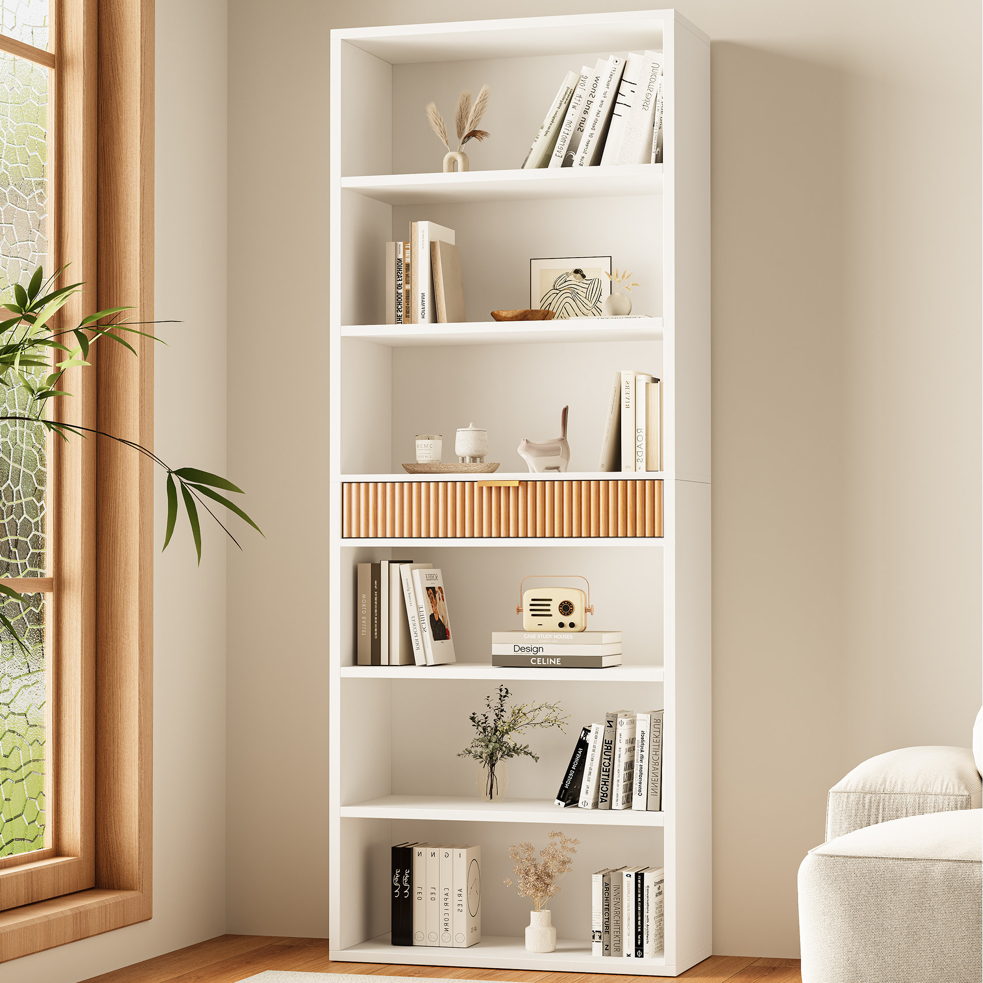 Latitude Run® 72" Tall Bookshelf with Fluted Drawer, 6-Tier Modern ...