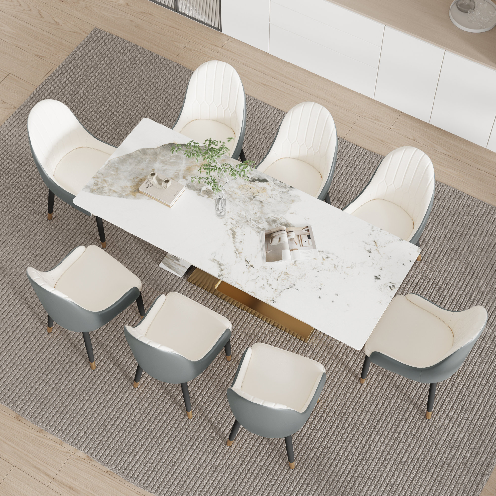 Corrigan Studio 9-Piece Stone Dining Table Set with 8 Faux Leather ...