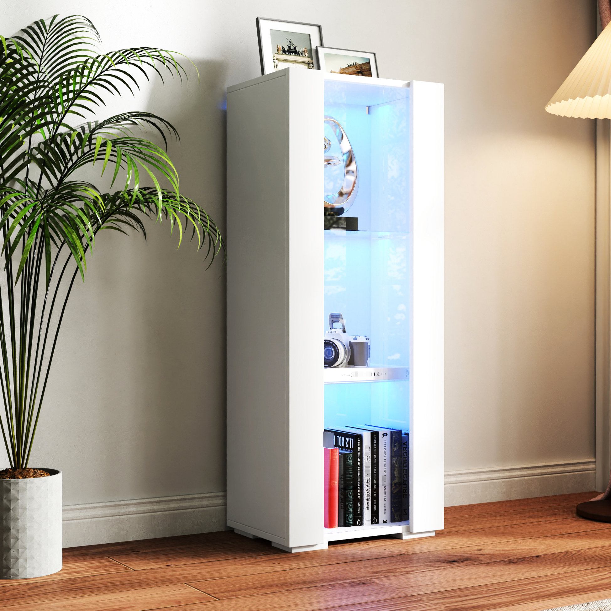 Ebern Designs Modern Storage Units With Aluminum Strip Lamp And Glass ...