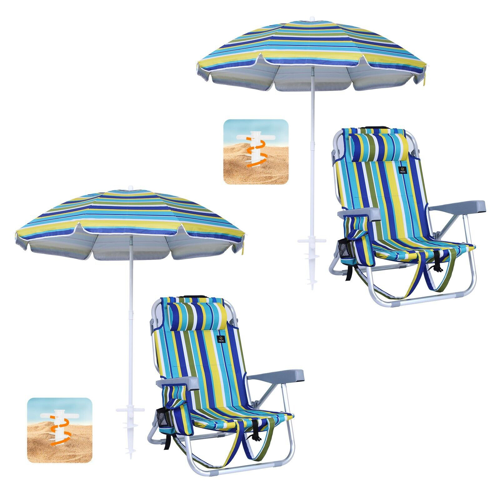 Arlmont & Co. Suoma High Back Beach Chairs with Umbrella, Cooler, Cup ...