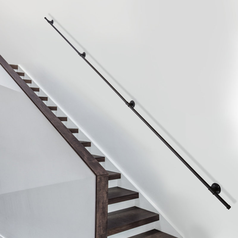 FRONG 155" Wall Support Industrial Loft Pipe Handrail For Stairs ...
