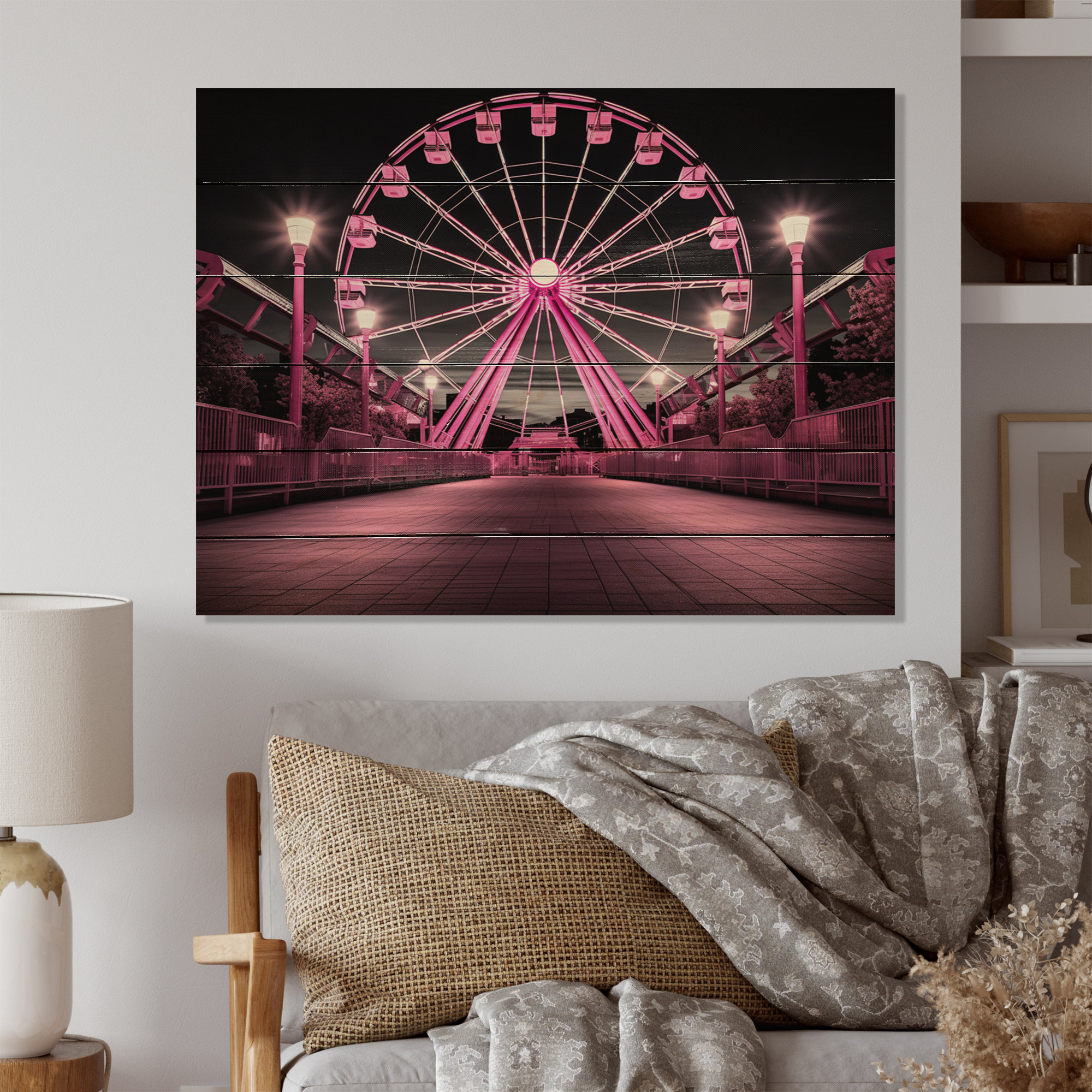 Latitude Run® Pink Ferris Wheel Merrygoround Magic I On Wood Print ...