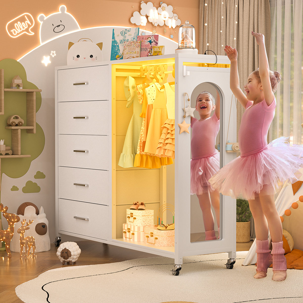 Ebern Designs Gourley 5 Drawer LED Dresser with Mirror and Charging ...