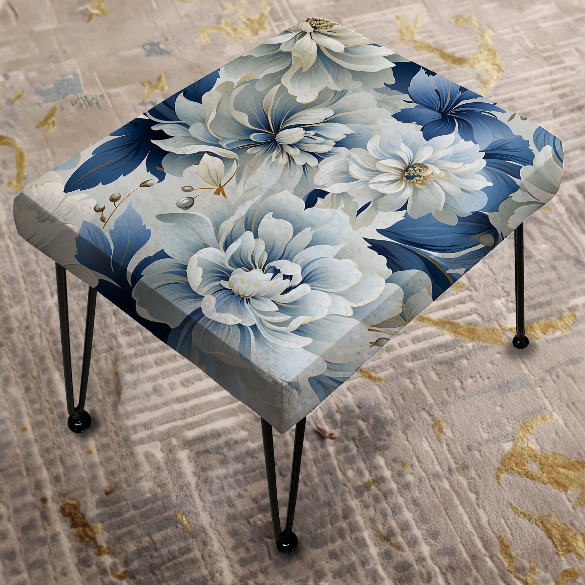 Design Art Misty White And Blue Floral Damask - Damask Rectangle ...