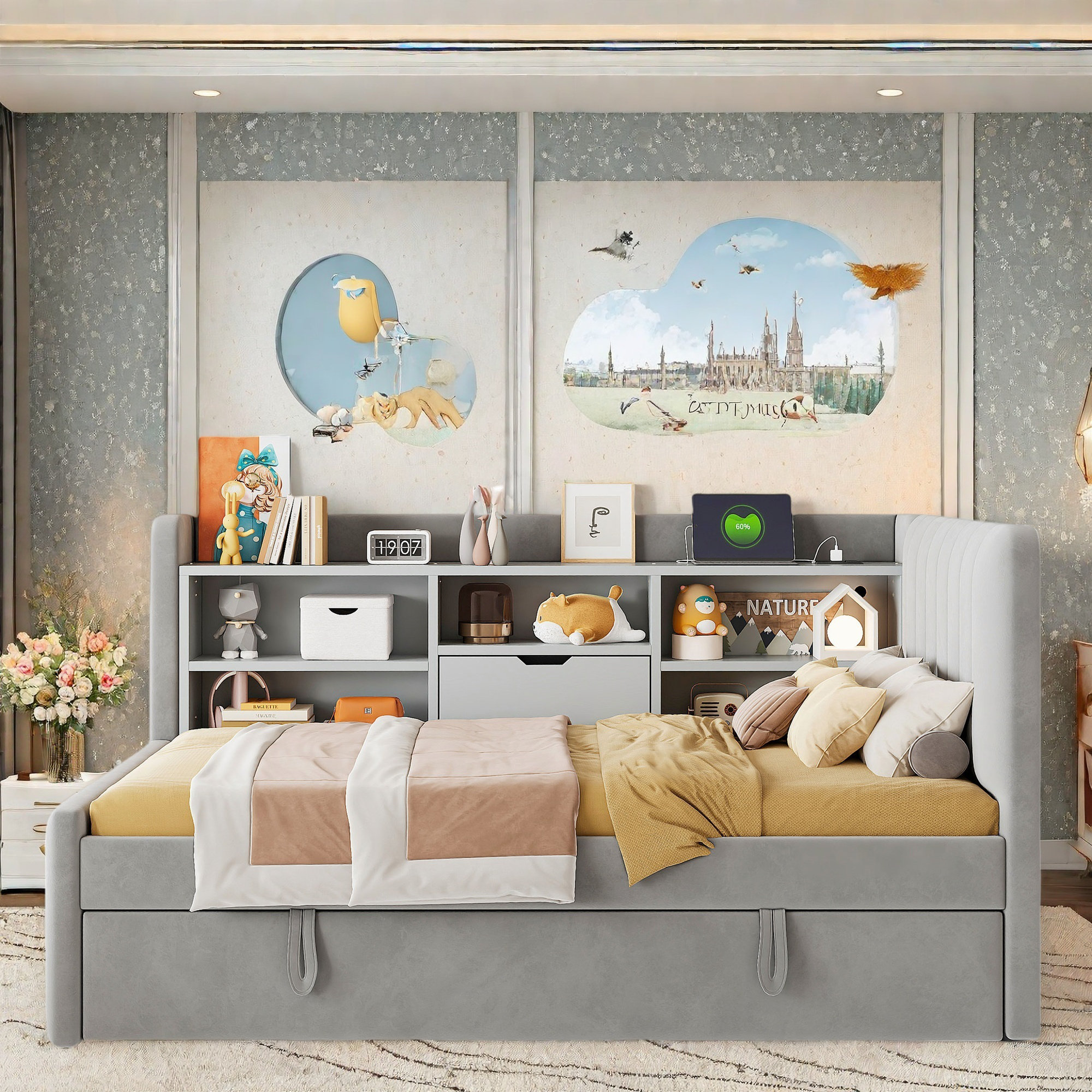 Hokku Designs Upholstered Daybed With Trundle, Storage Shelves, Usb ...