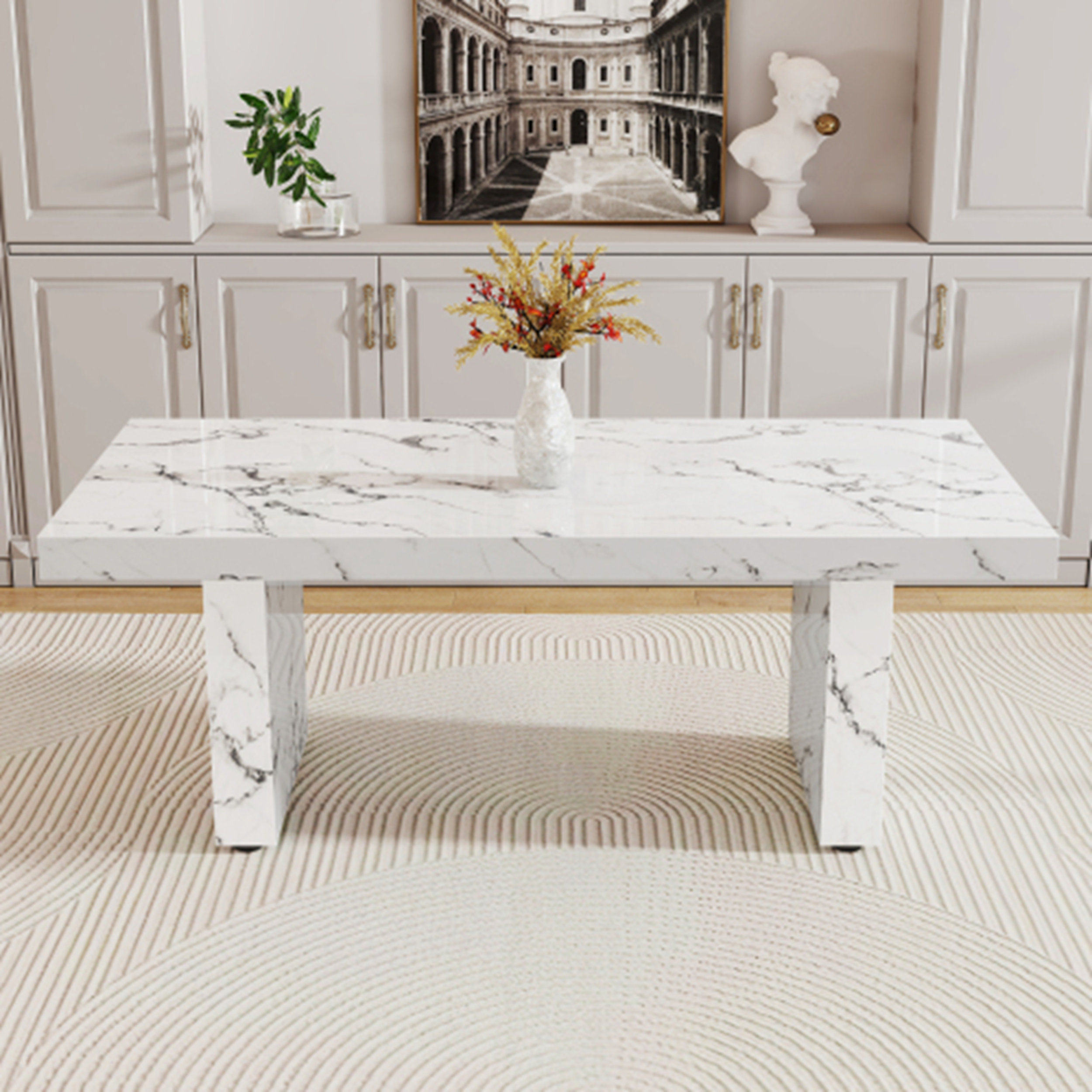Ivy Bronx Modern Rectangular White Patterned Dining Table - MDF ...
