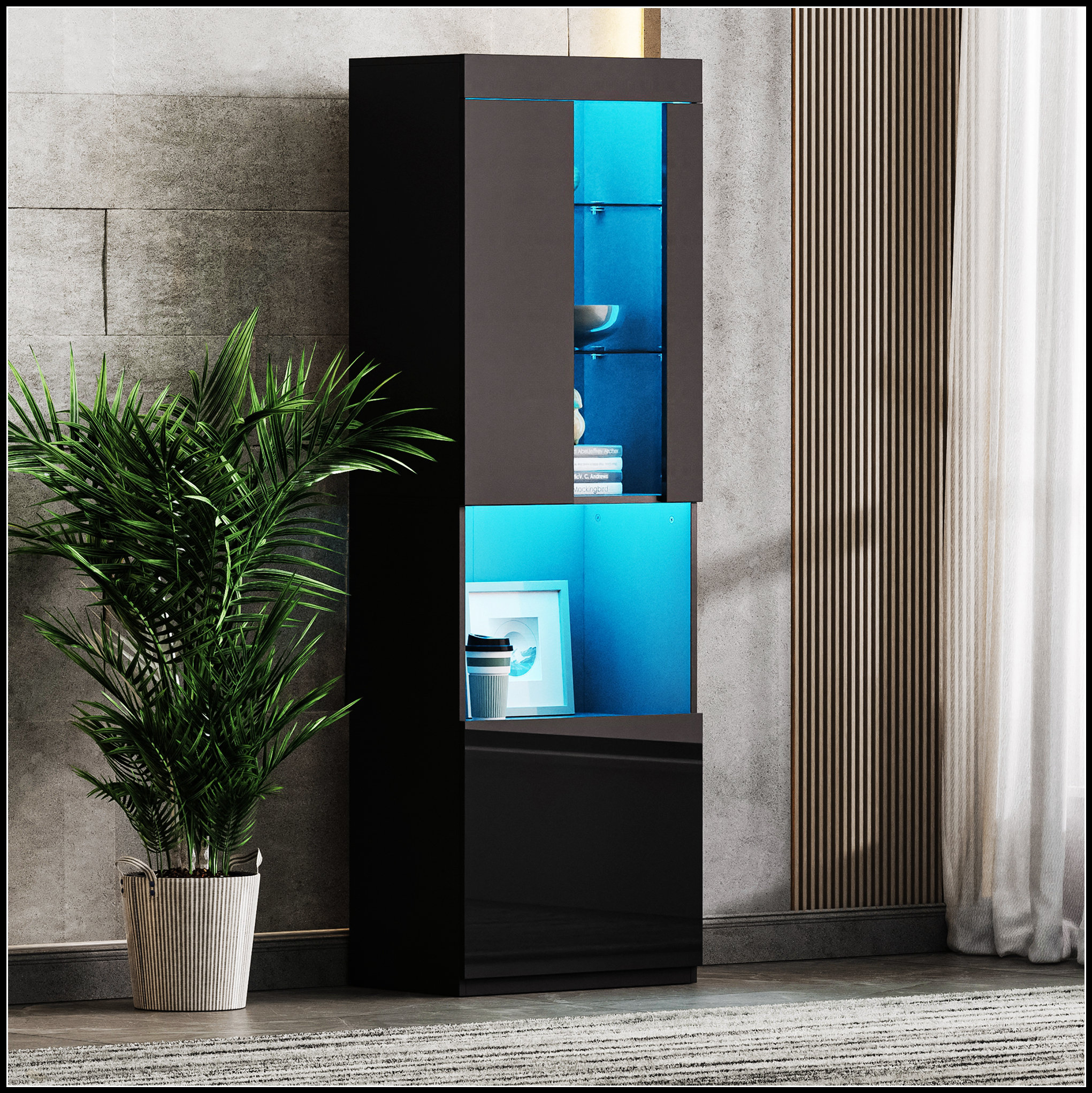 Ivy Bronx High Gloss Storage Cabinet With LED Lights, 67 Inch Tall ...