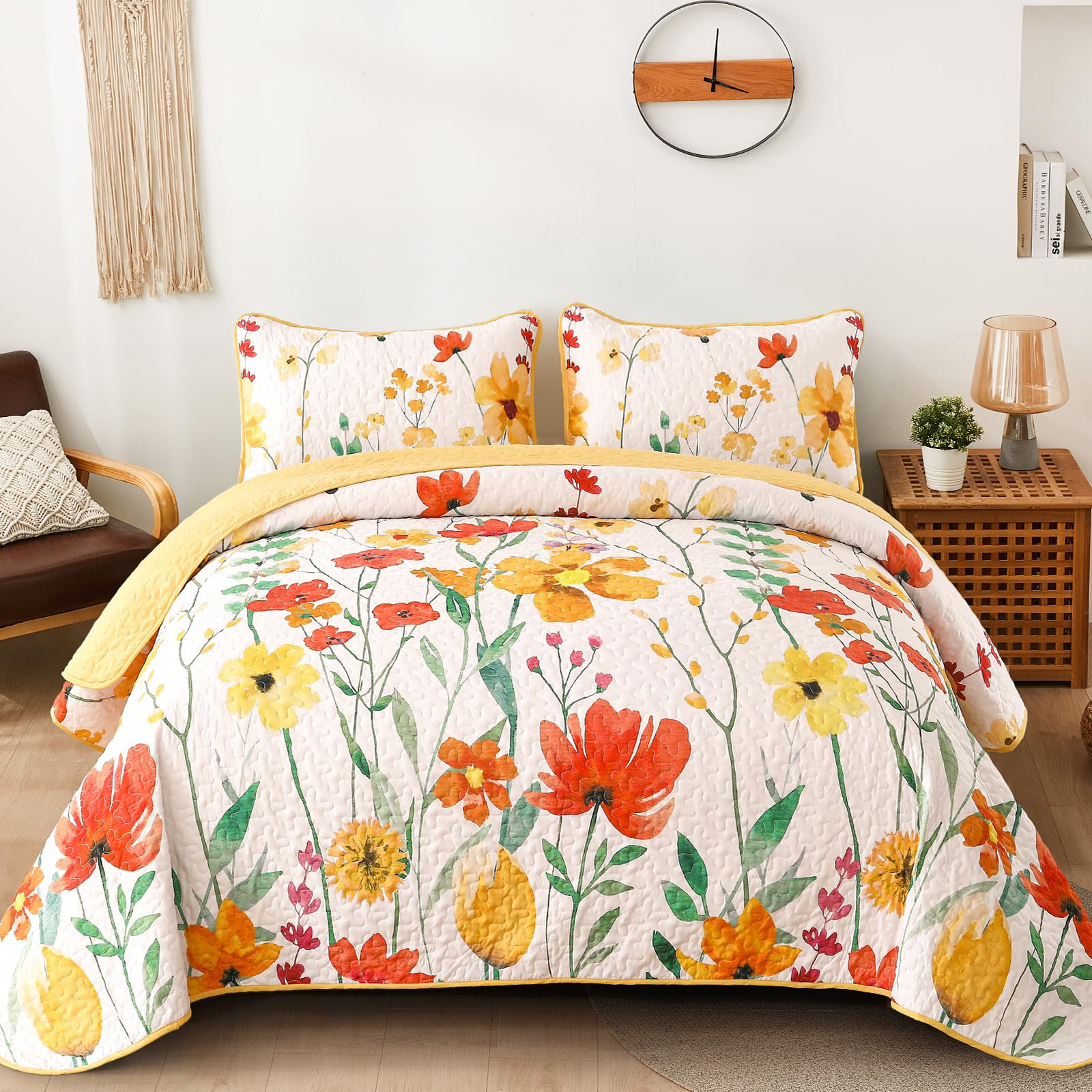 KAISHENGDAA Yellow Quilt Set King Size, Yellow Floral Reversible ...