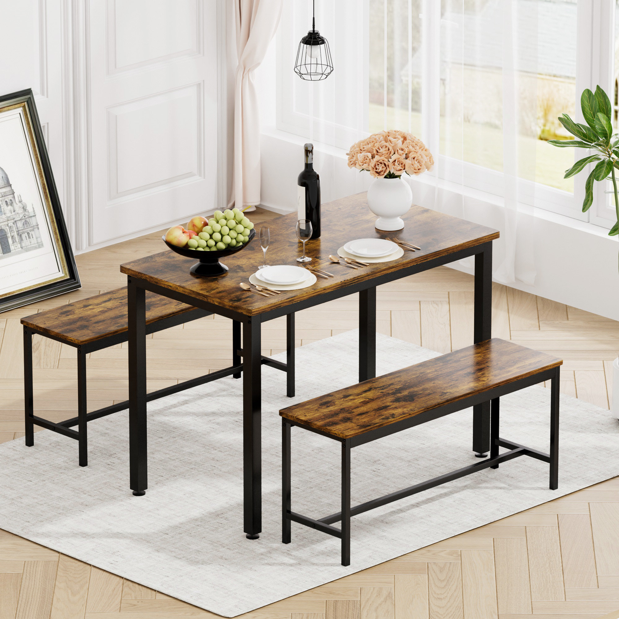 17 Stories Industrial Dining Table Set With 2 Benches - 43.3" Rustic ...