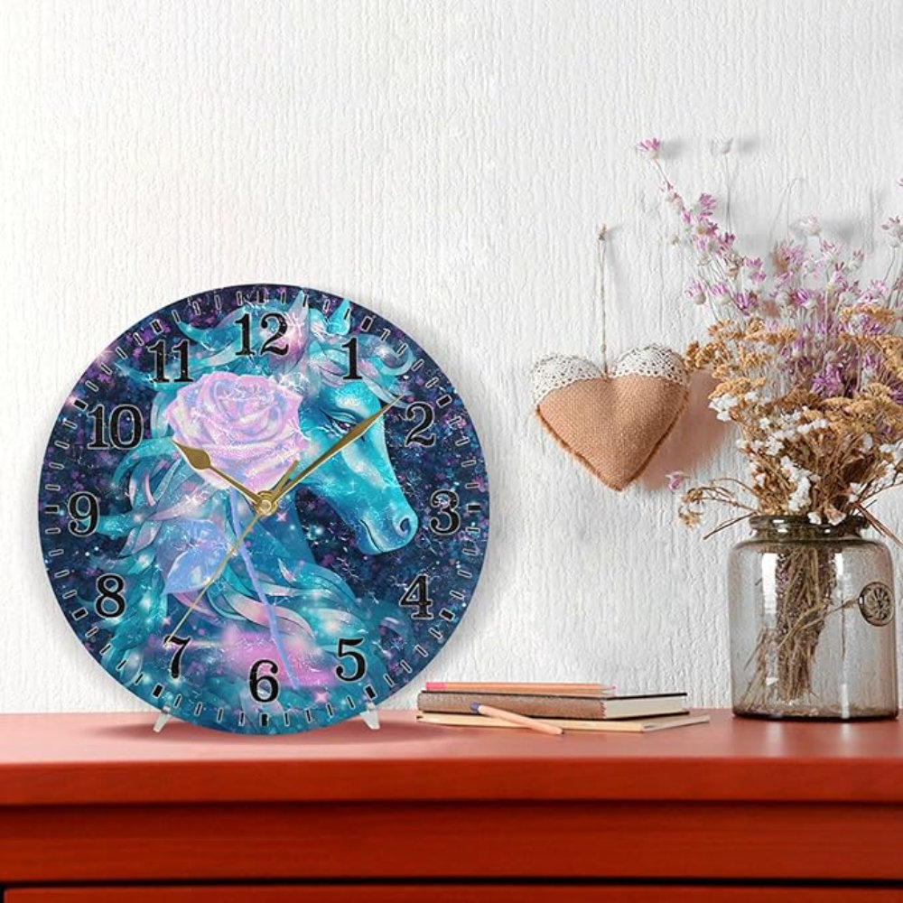 Ophelia & Co. JUNZAN Blue Purple Creative Rose On Unicorns Round Bathroom Clocks Clocks For ...
