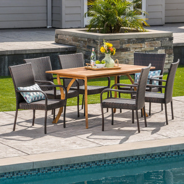 Christopher Knight Home Outdoor Acacia Wood/Wicker 7 Piece Dining Set ...