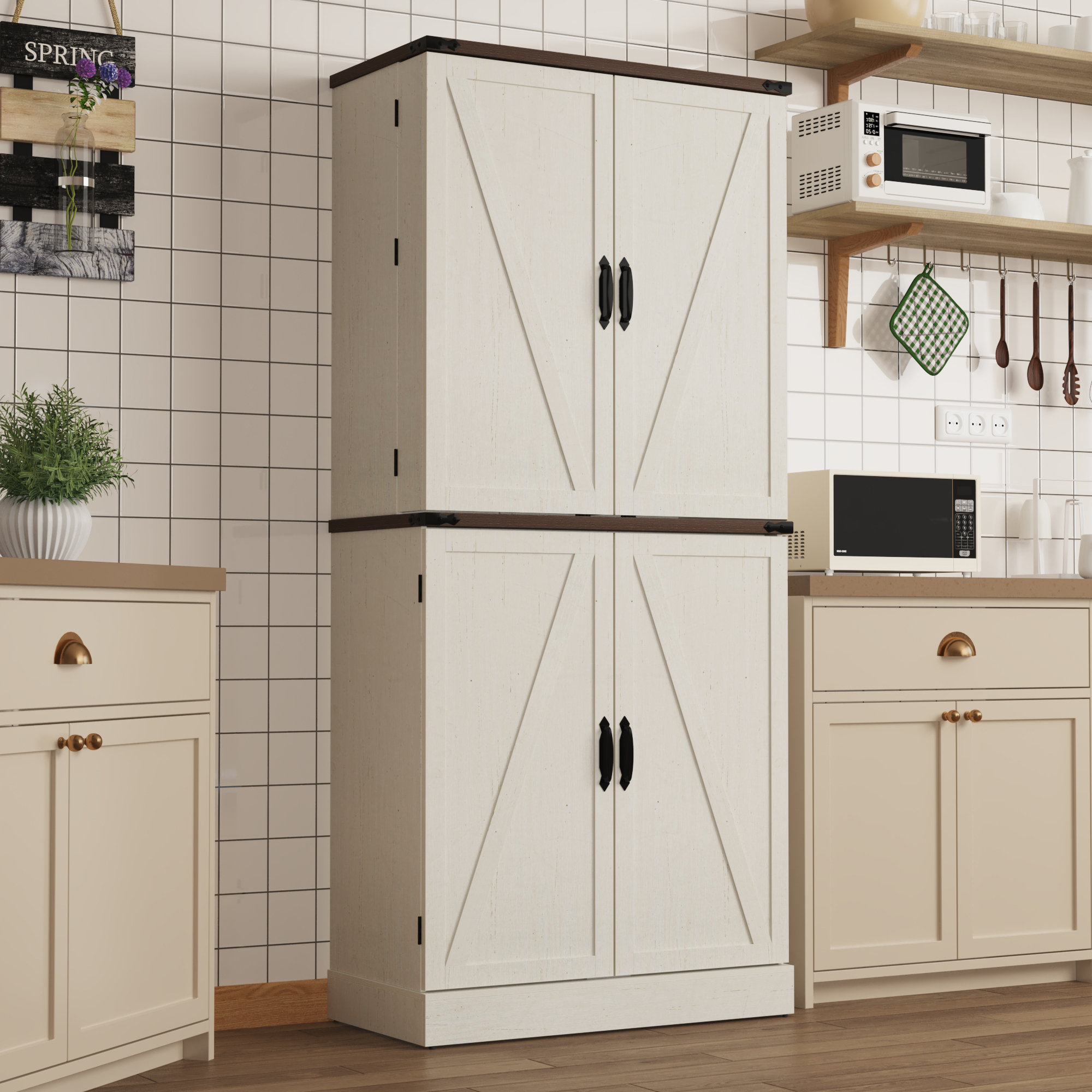 Gracie Oaks 71" Kitchen Pantry With 6 Door Shelves, 3 Sliding Storage ...