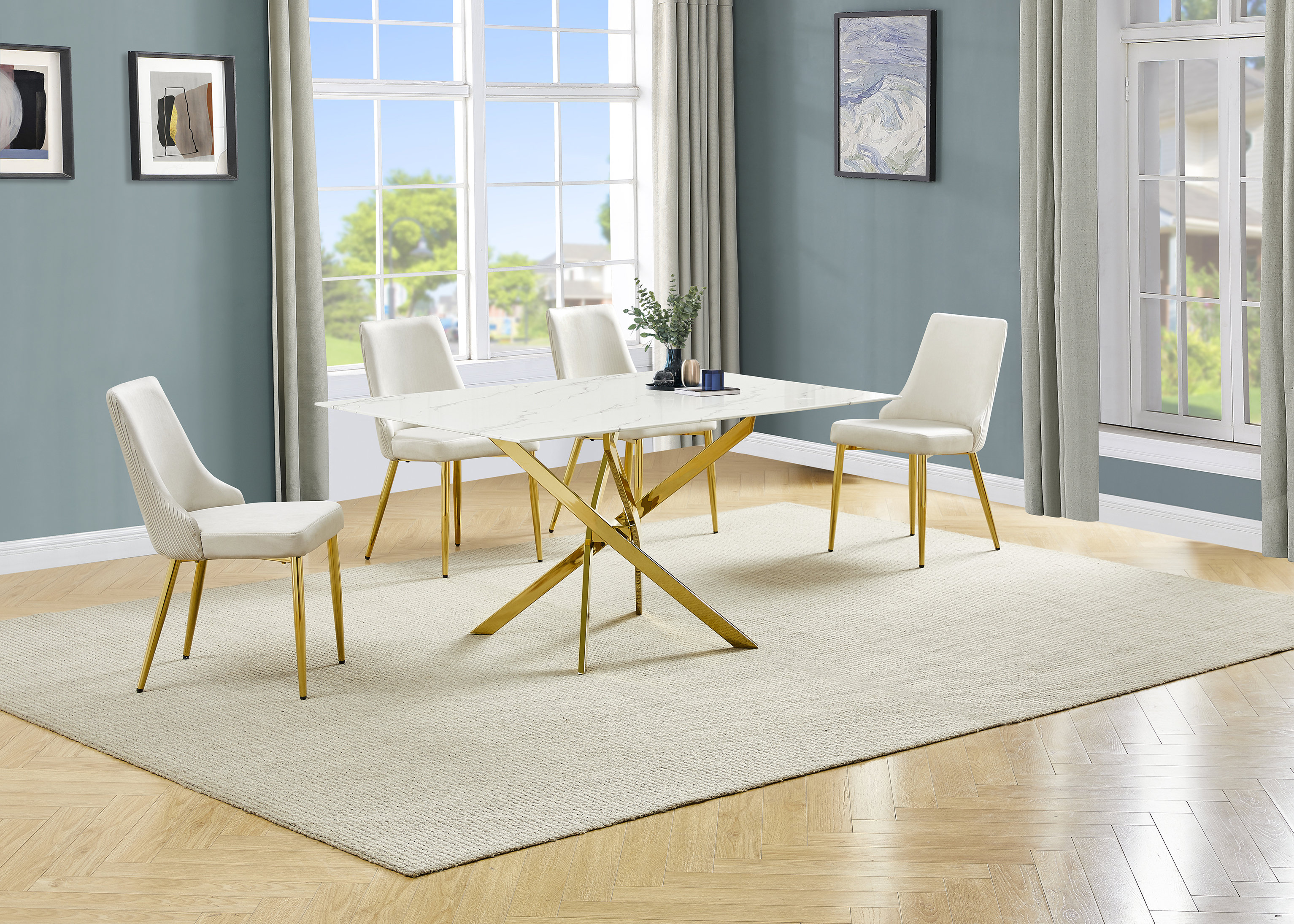 Everly Quinn Glass Dining Set With White Marble Wrap Top | Wayfair