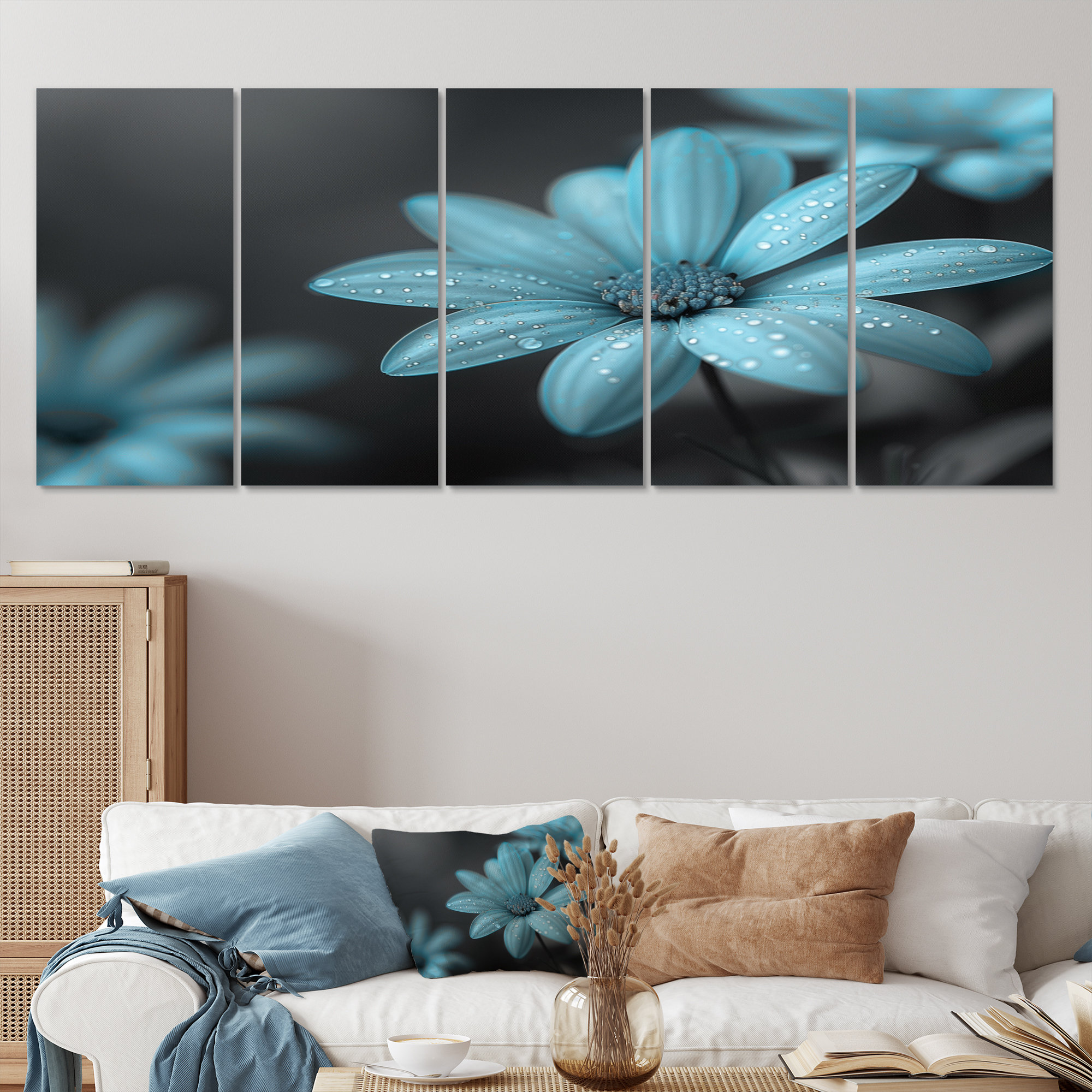Ebern Designs Monochrome Blue And Grey Daisies Foggy Photo IV - Daisies ...