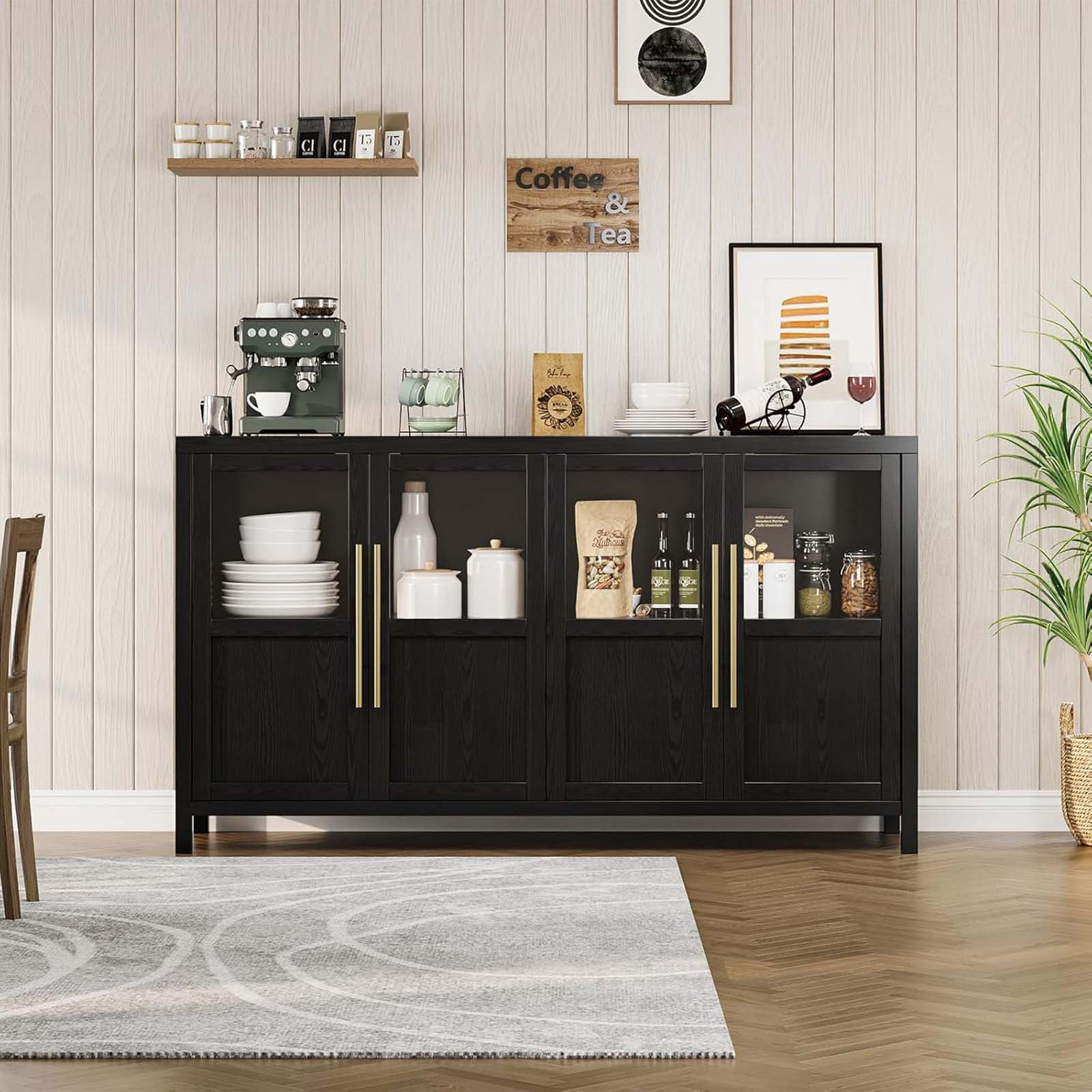 Mercer41 Sideboard Buffet Cabinet With 4 Glass Doors, 55" Large Buffet ...