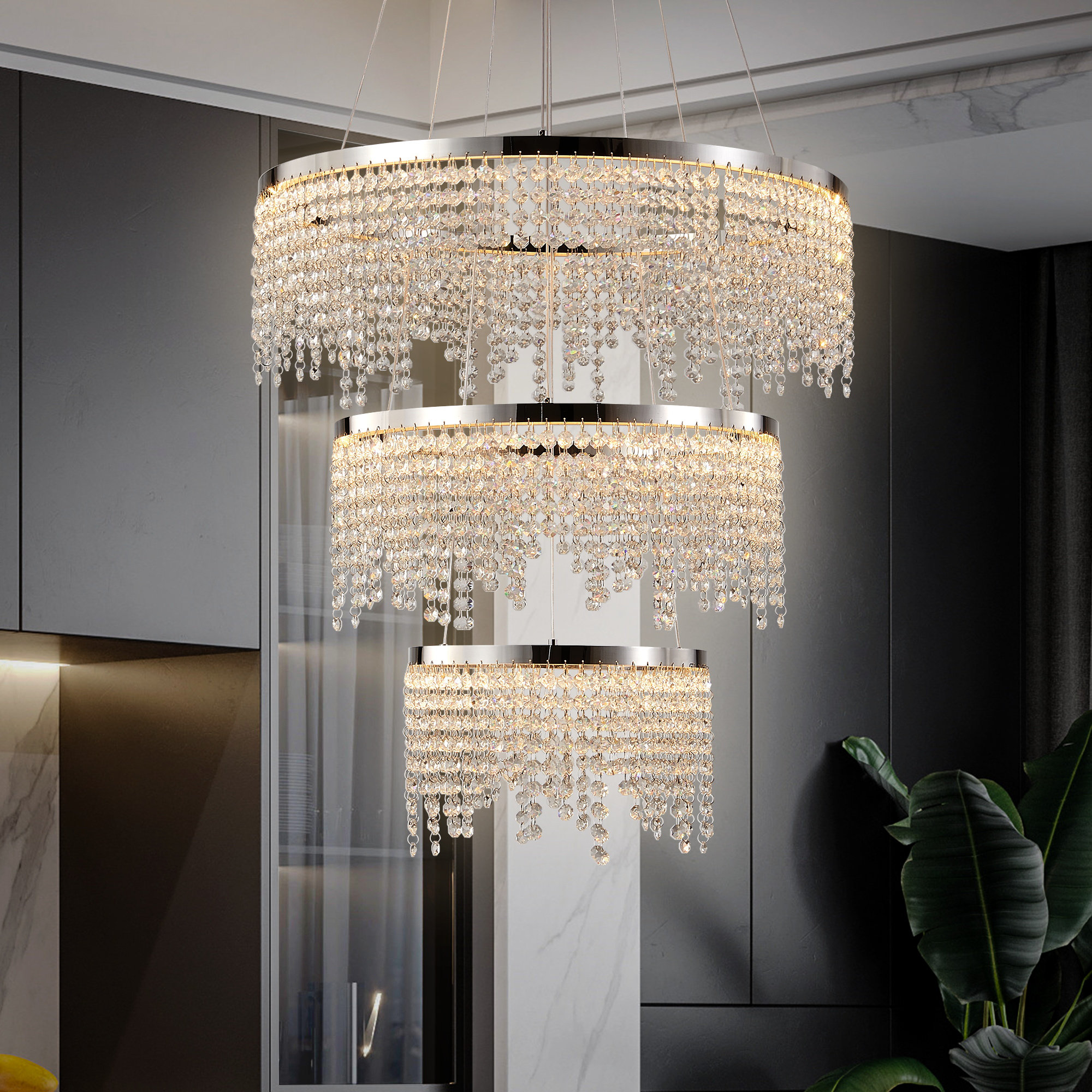 House of Hampton Luxury 23.5 Inch K9 Clear Crystal Led Tiered ...