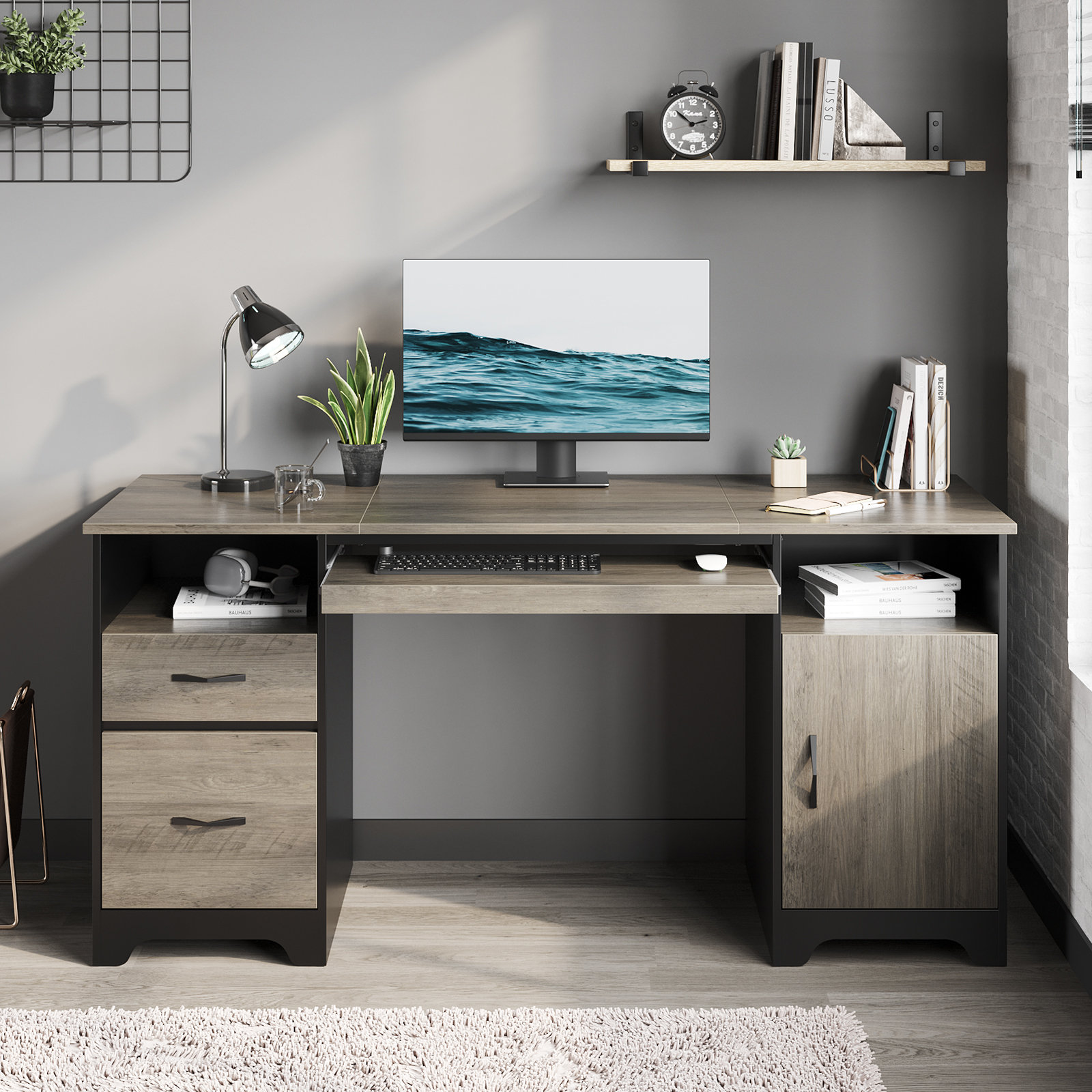 17 Stories Daylie 59'' Executive Desk with File and Storage Drawers and ...