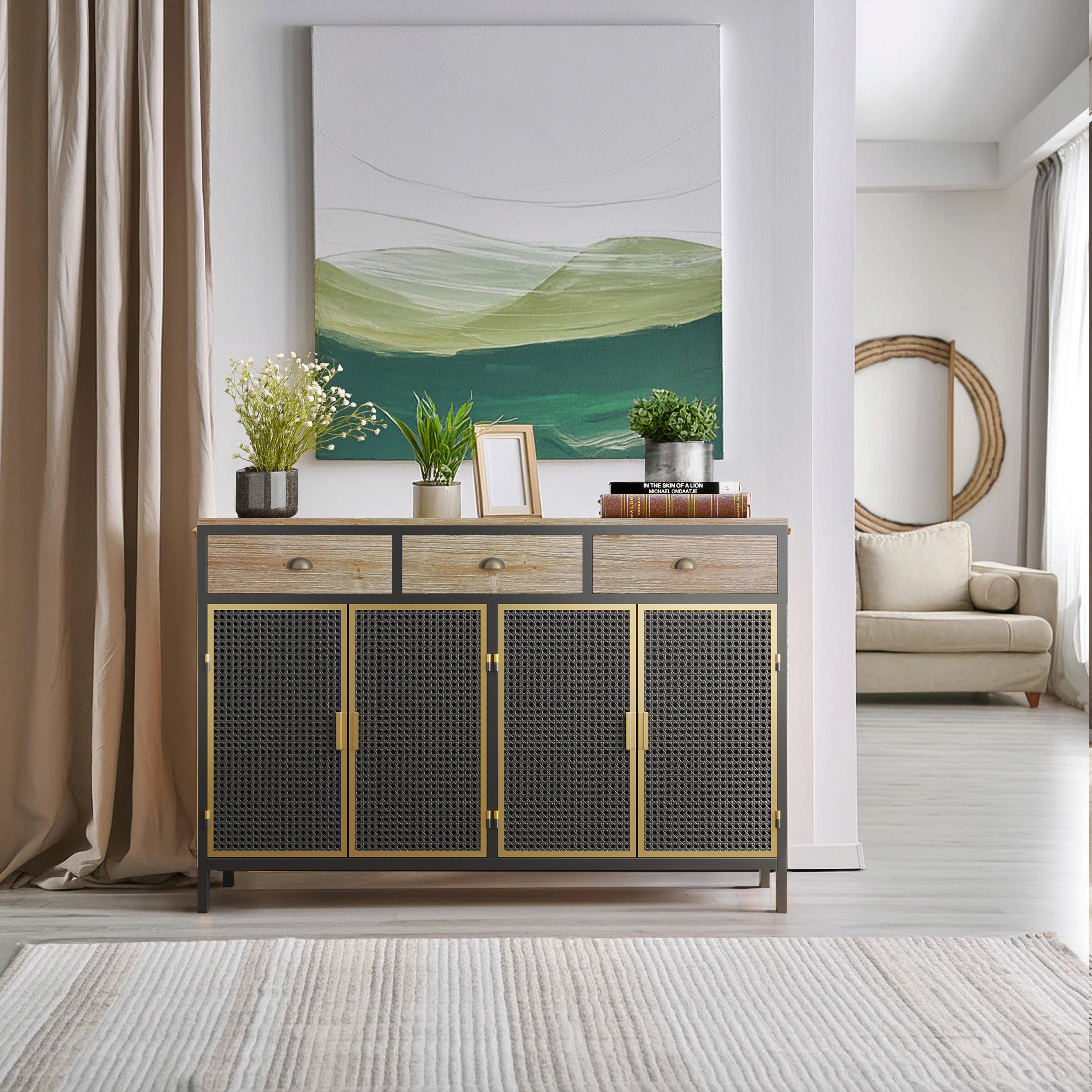Ebern Designs 48" Wide 4 Doors Modern Sideboard With 3 Top Drawers ...