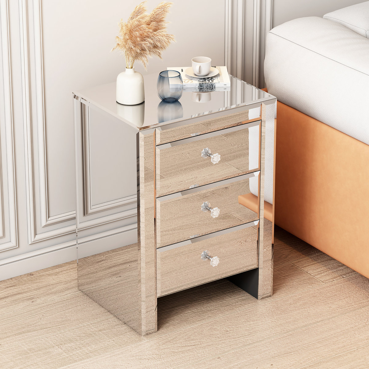 Mercer41 Wood Nightstand, Mirrored Accent Chest, End Table with Drawers ...
