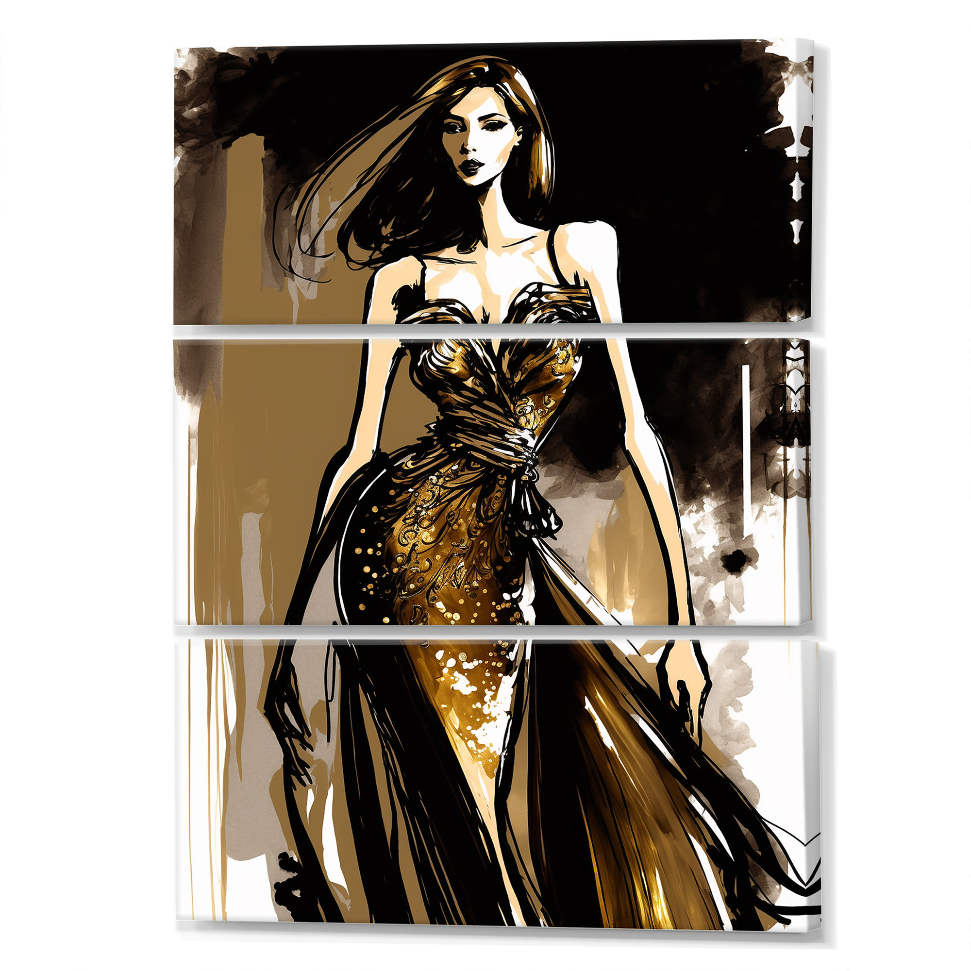 Design Art High Fashion Model Sketch In Gold II - Fashion Woman Canvas ...